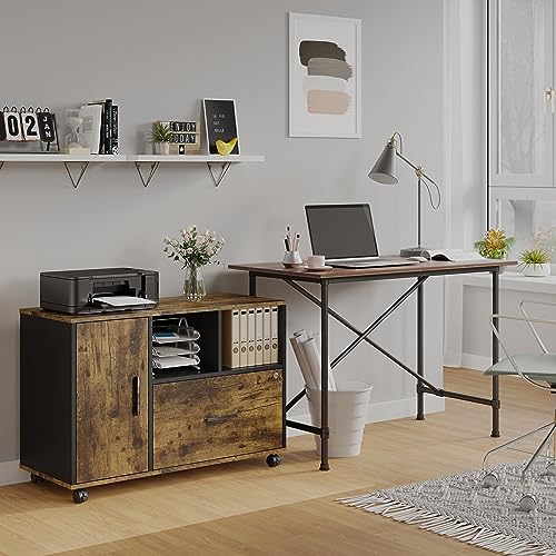 Wood File Cabinet with Lock, 1-Drawer Wooden Office Lateral Filing Cabinet on Wheels Mobile Printer Stand with Open Storage Shelf for Letter/Legal/A4 Size Files (Wood)