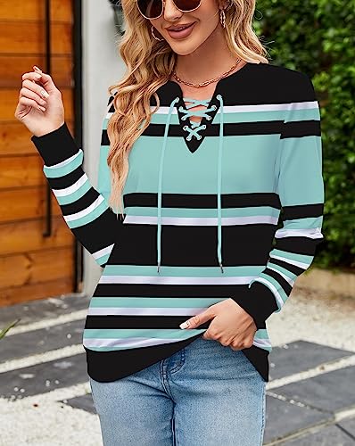 Women's Casual Sweatshirt Long Sleeve Trendy Lace Up Tops Lightweight V Neck Drawstring Pullover Tops-HBQTW-XL