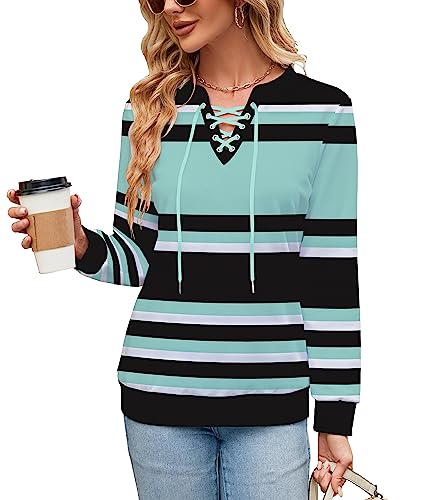 Women's Casual Sweatshirt Long Sleeve Trendy Lace Up Tops Lightweight V Neck Drawstring Pullover Tops-HBQTW-XL