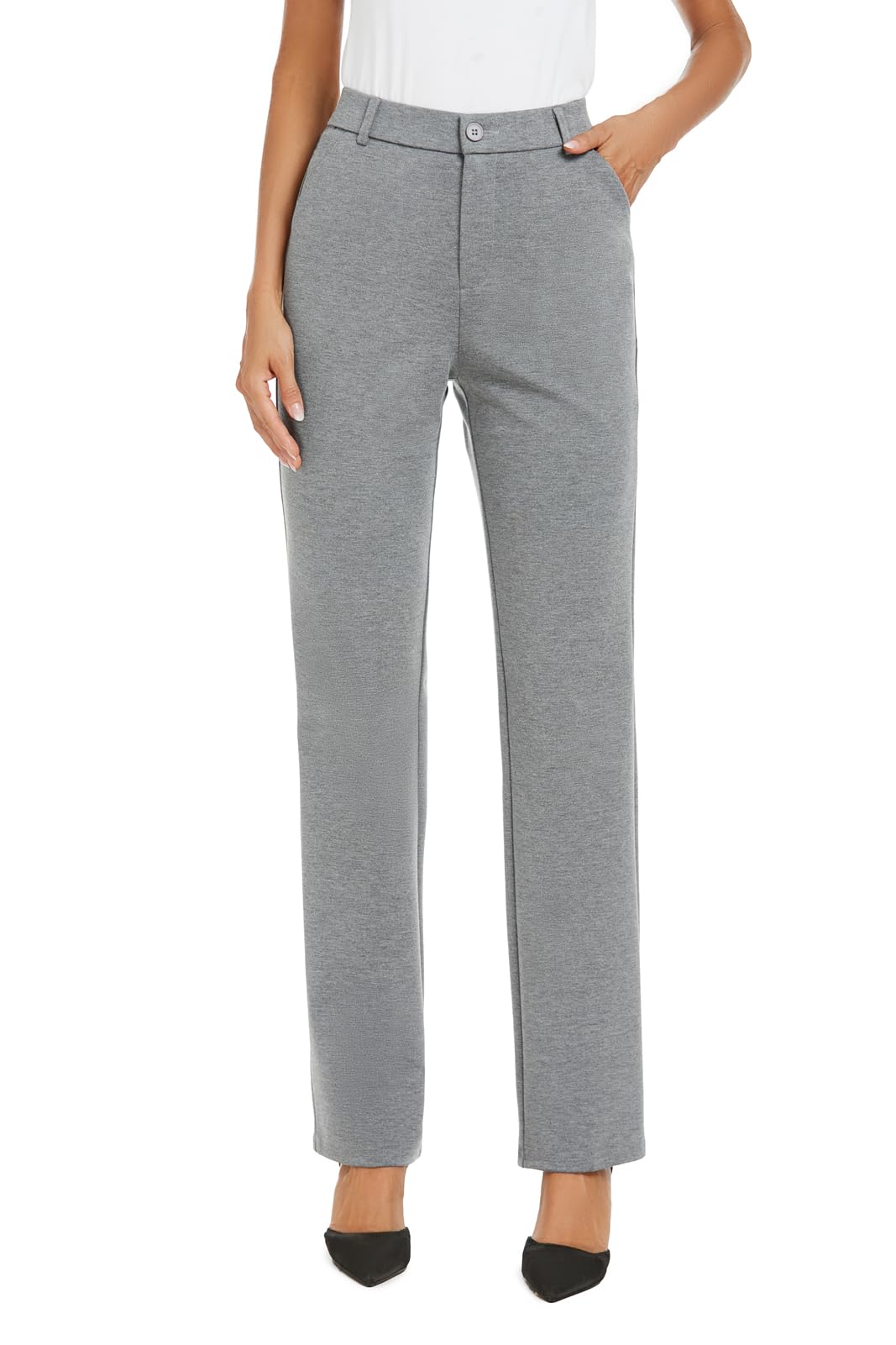 iChosy Women's Stretchy Straight Leg Dress Work Pants Business Office Casual Slacks with Pockets Grey29 16