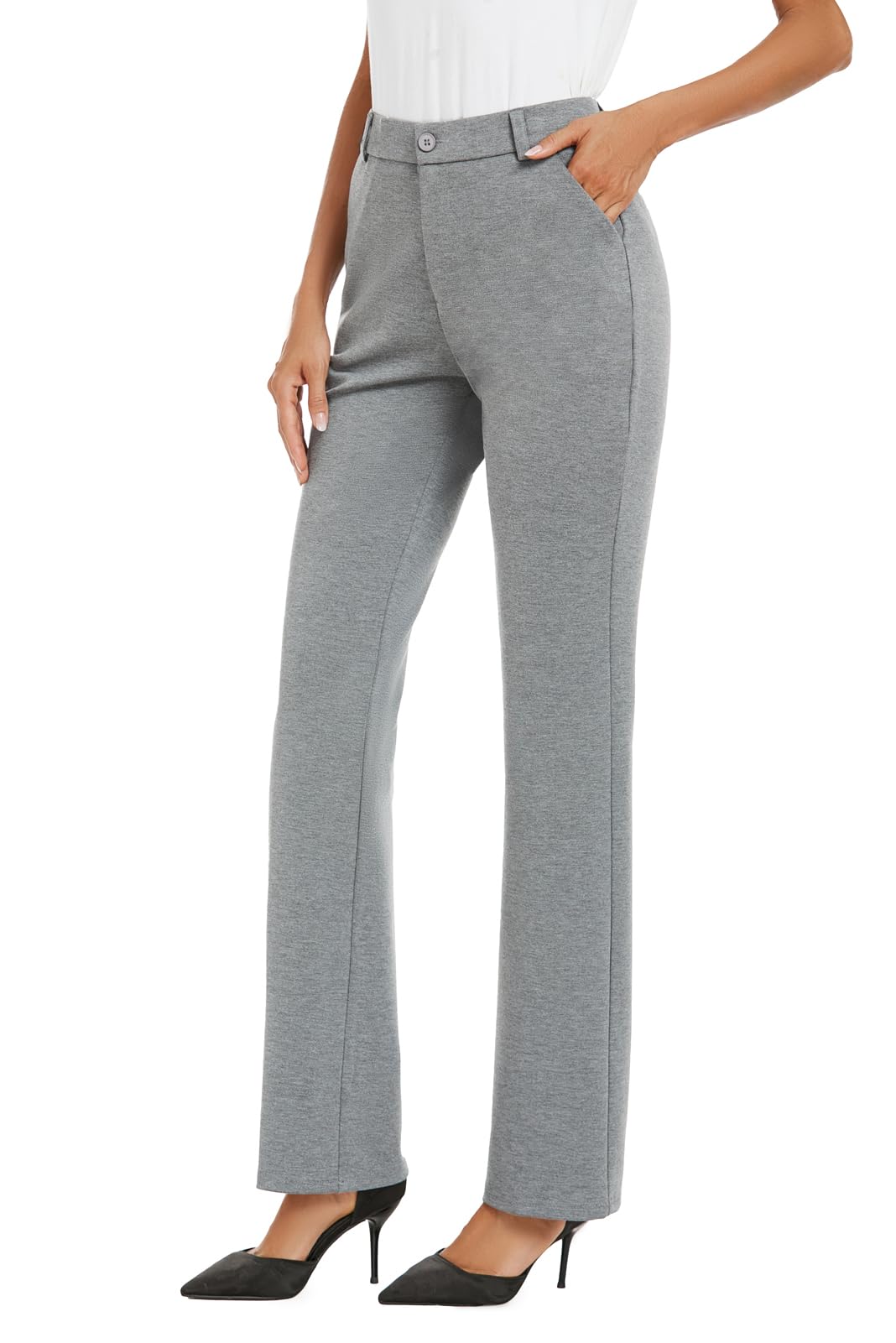 iChosy Women's Stretchy Straight Leg Dress Work Pants Business Office Casual Slacks with Pockets Grey29 16