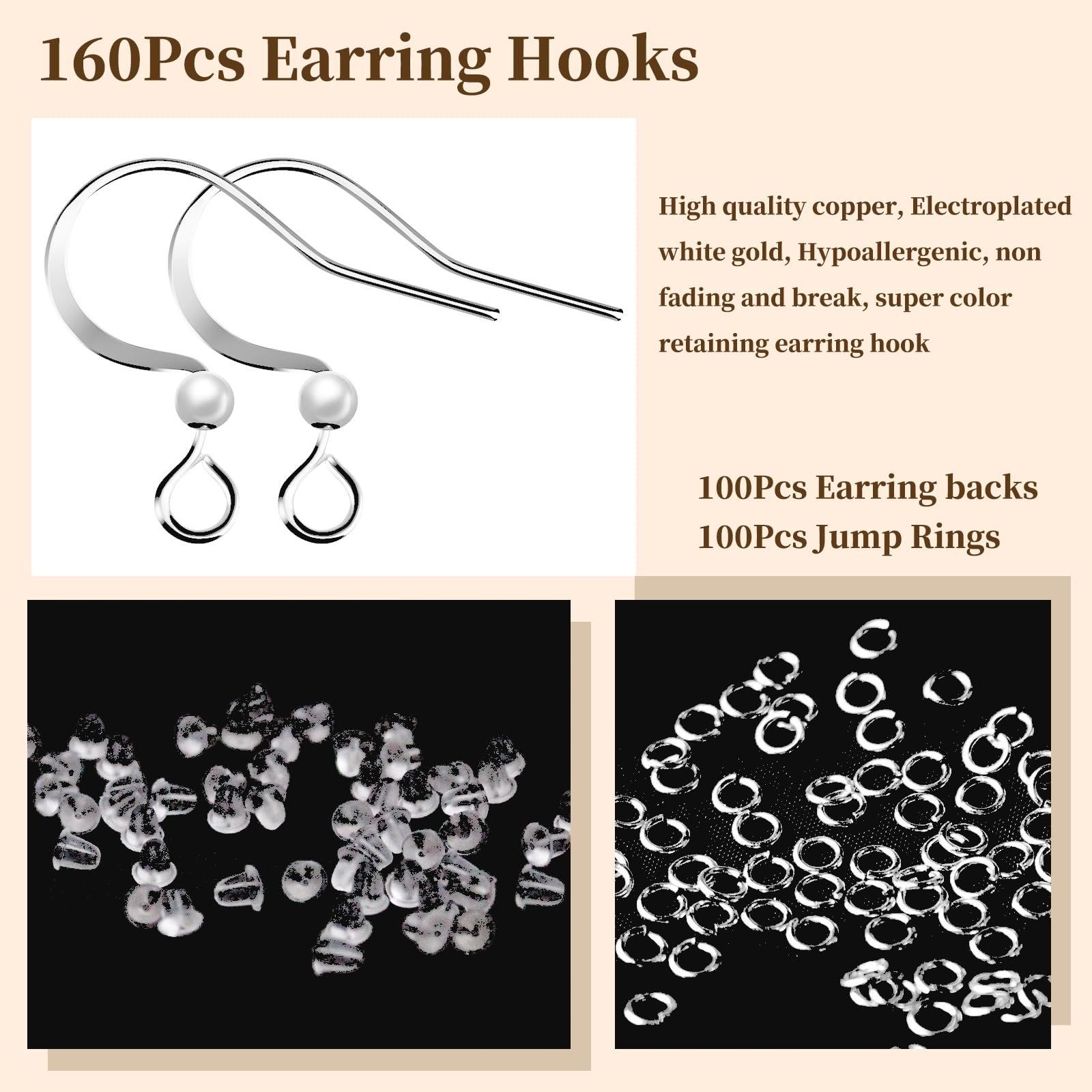 160 PCS/80 Pairs White Gold Tone Earring Hooks Hypoallergenic Ear Wires Fish Hooks with 100 PCS Clear Silicone Earring Backs and 100 PCS Jump Rings Earring Findings for DIY Jewelry Making