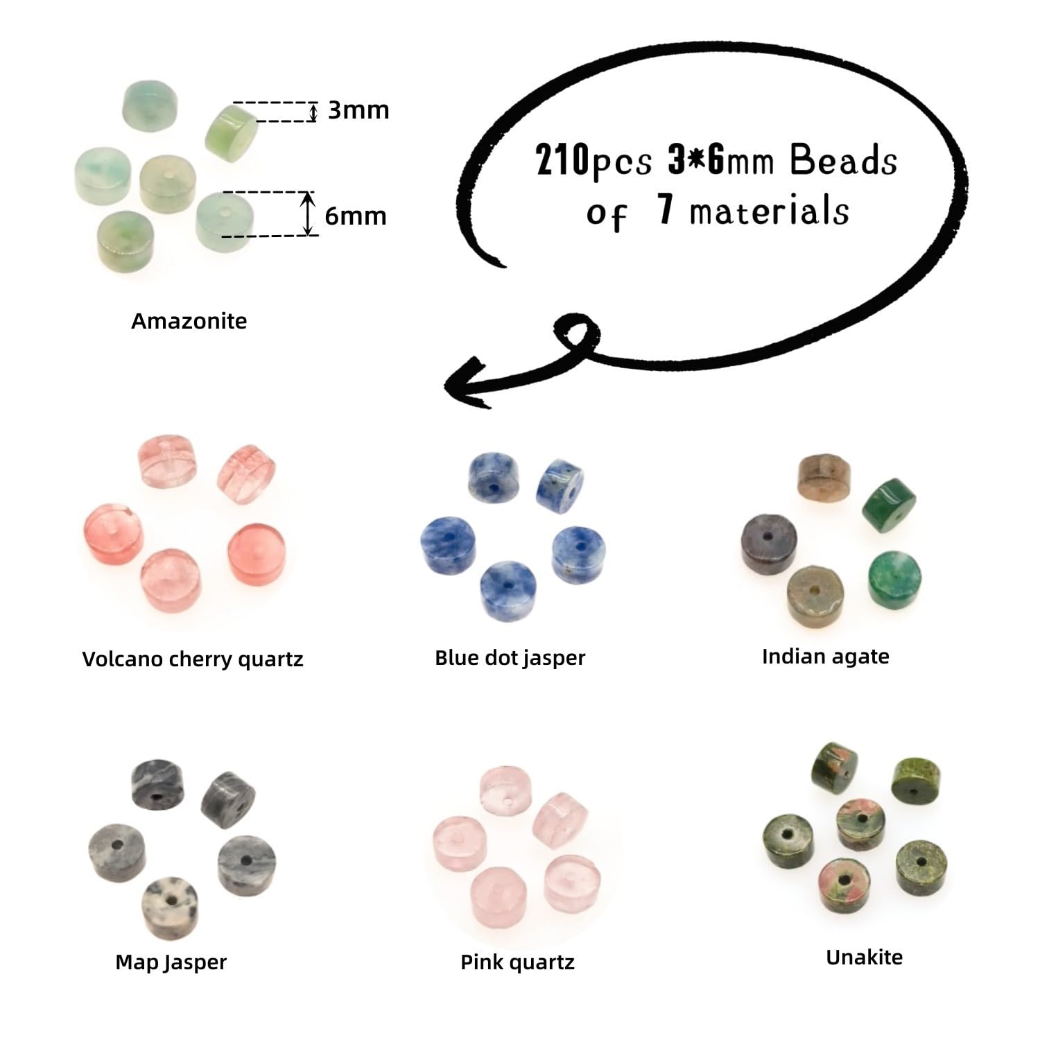 210PCS 3x6mm Natural Stone Beads Spacer for Jewelry Making,7 Colors Genuine Real Flat Round Loose Gemstone DIY for Bracelet Beading Making Kit (3x6mm,7 Color A)