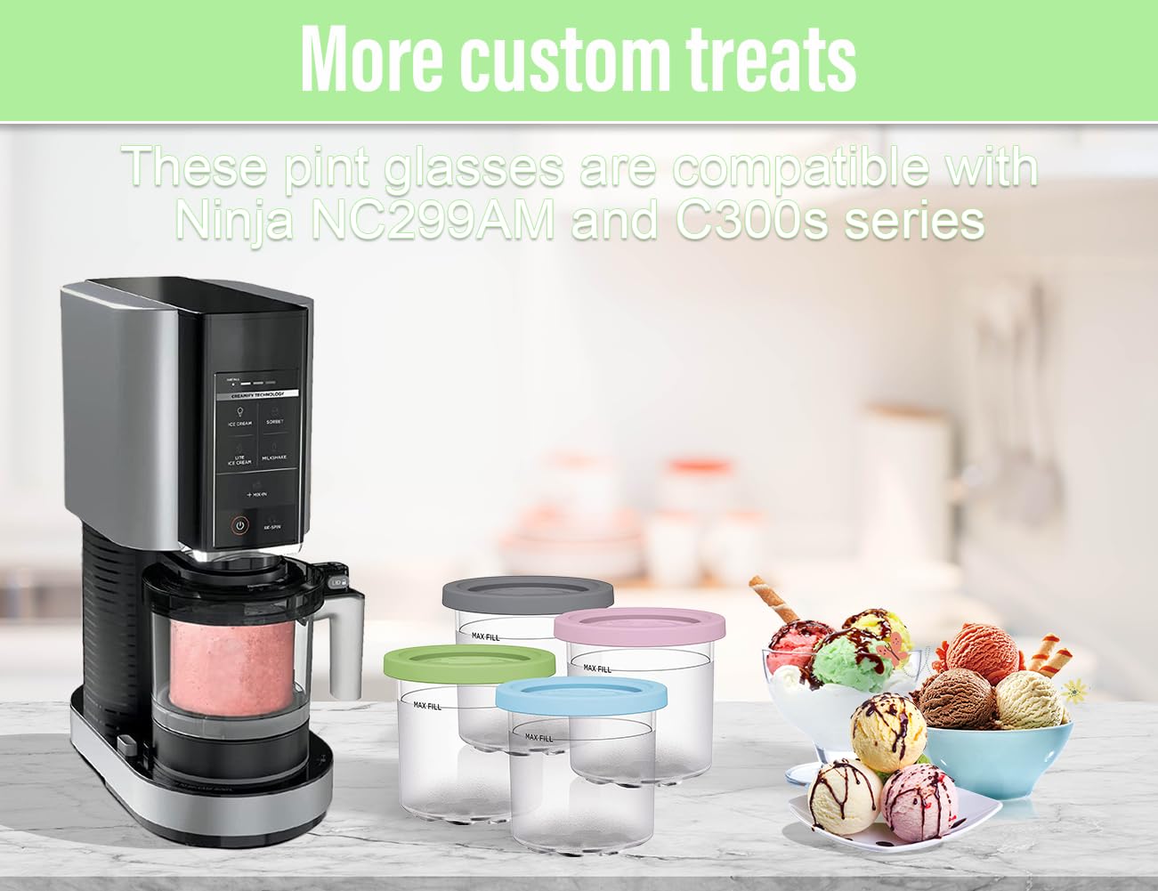 Litex Ninja Creami Pints 4 Pack,Creami Pints and Lids for Ninja,Smoothie Pot Compatible with NC299AMZ & NC300s Series Creamer Ice Cream Maker Machine,Dishwasher Safe, W/ 4X Spoon, 1 Marker and Sticker
