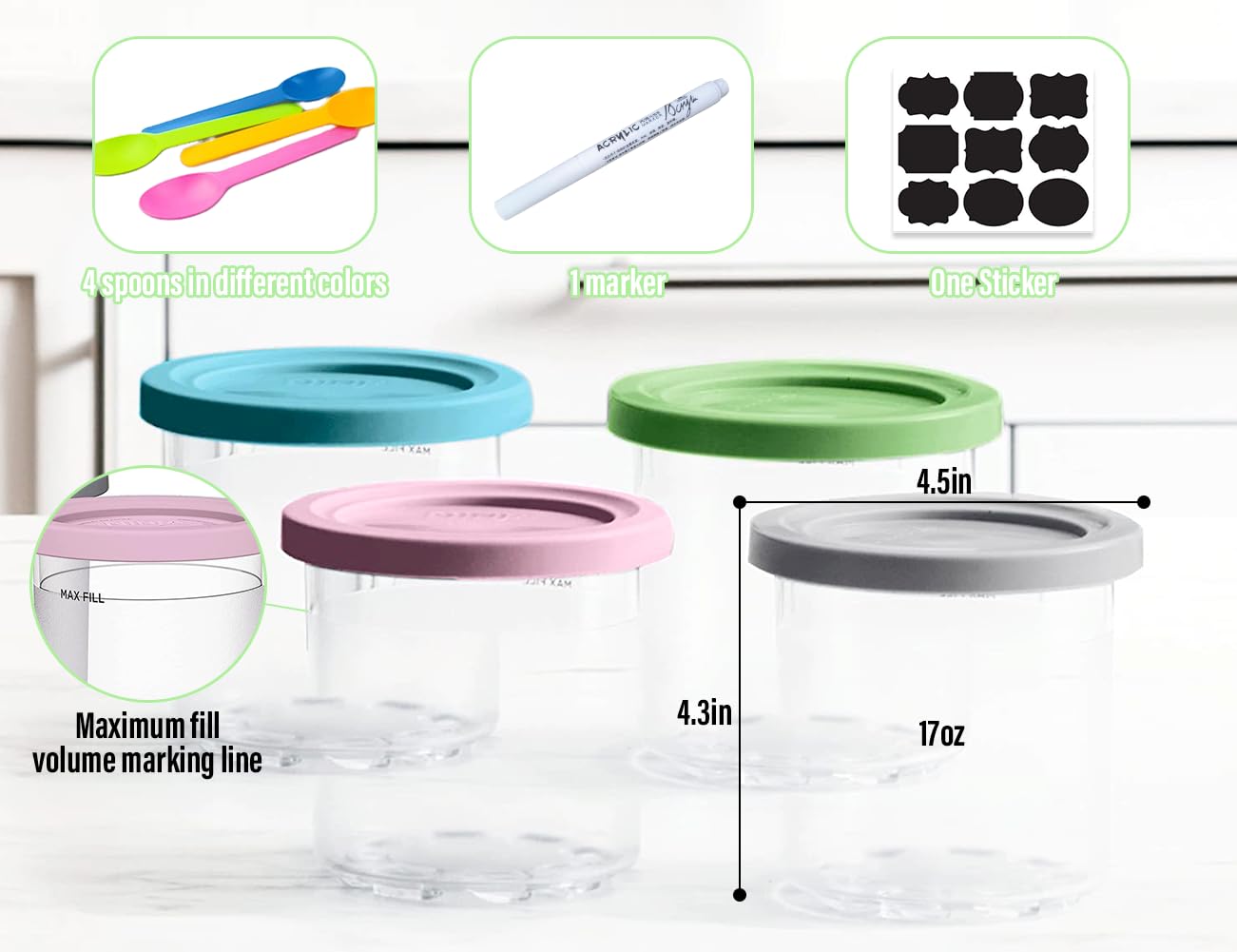 Litex Ninja Creami Pints 4 Pack,Creami Pints and Lids for Ninja,Smoothie Pot Compatible with NC299AMZ & NC300s Series Creamer Ice Cream Maker Machine,Dishwasher Safe, W/ 4X Spoon, 1 Marker and Sticker