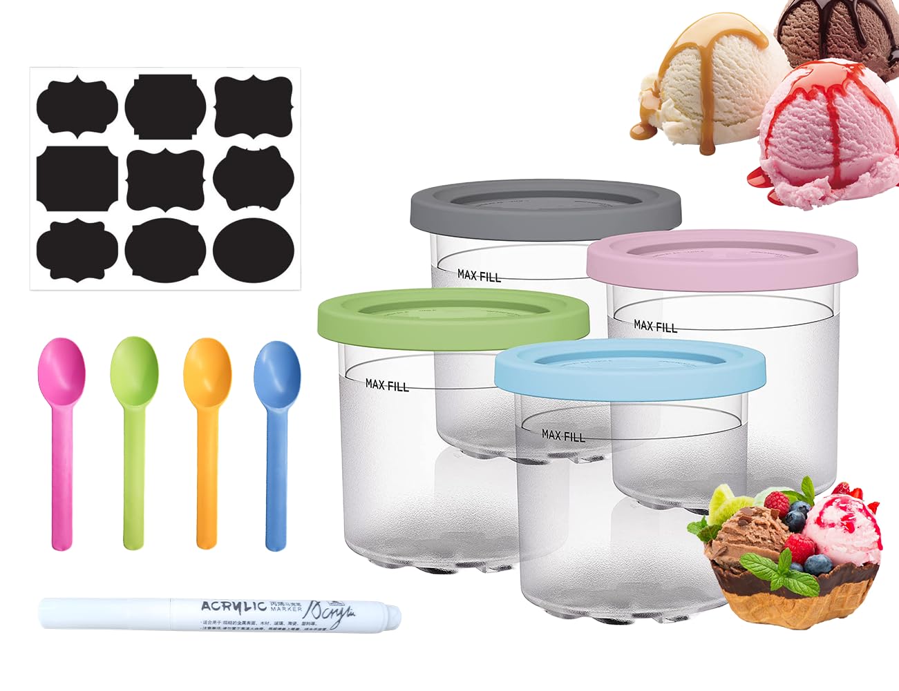 Litex Ninja Creami Pints 4 Pack，Creami Pints and Lids for Ninja，Smoothie Pot Compatible with NC299AMZ & NC300s Series Creamer Ice Cream Maker Machine，Dishwasher Safe, W/ 4X Spoon, 1 Marker and Sticker