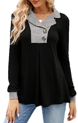 Newchoice Women Tunic Sweatshirt Work Summer Lapel Collar Long Sleeve Shirt Sweatshirts Pullover Blouse Tops(01Black White.XL)