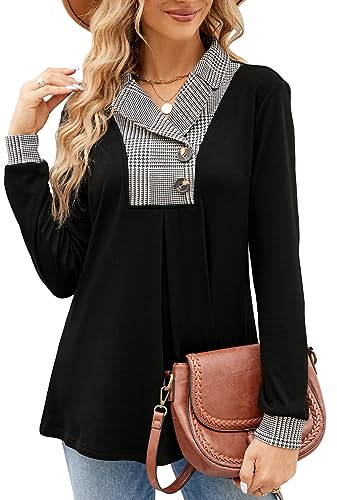 Newchoice Women Tunic Sweatshirt Work Summer Lapel Collar Long Sleeve Shirt Sweatshirts Pullover Blouse Tops(01Black White.XL)