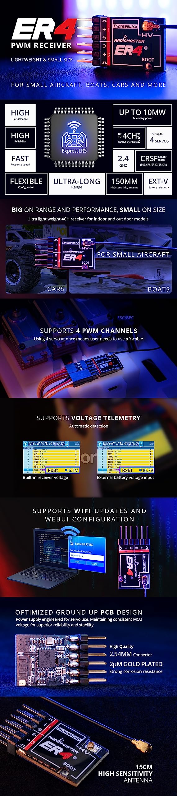 Radiomaster ER4 PWM Mini Receiver 2.4G 4CH 10mw ExpressLRS Support Voltage Telemetry WiFi Update for Aircraft Boat Car