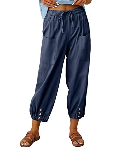 Acesulu Summer Linen High Waist Yoga Pants Drawstring Wide Leg Cropped Pants Trousers with Pockets for Women (0099-NavyBlue-XL)