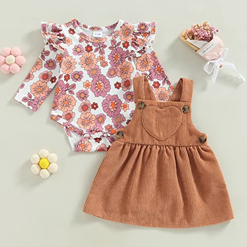 Baby Girl Fall Clothes Cute Graphic Long Sleeve Romper Bodysuit and Corduroy Suspender Skirt Suit for 3 6 9 12 18 Months (A Brown, 12-18 Months)