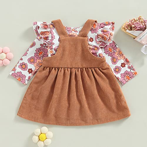 Baby Girl Fall Clothes Cute Graphic Long Sleeve Romper Bodysuit and Corduroy Suspender Skirt Suit for 3 6 9 12 18 Months (A Brown, 12-18 Months)