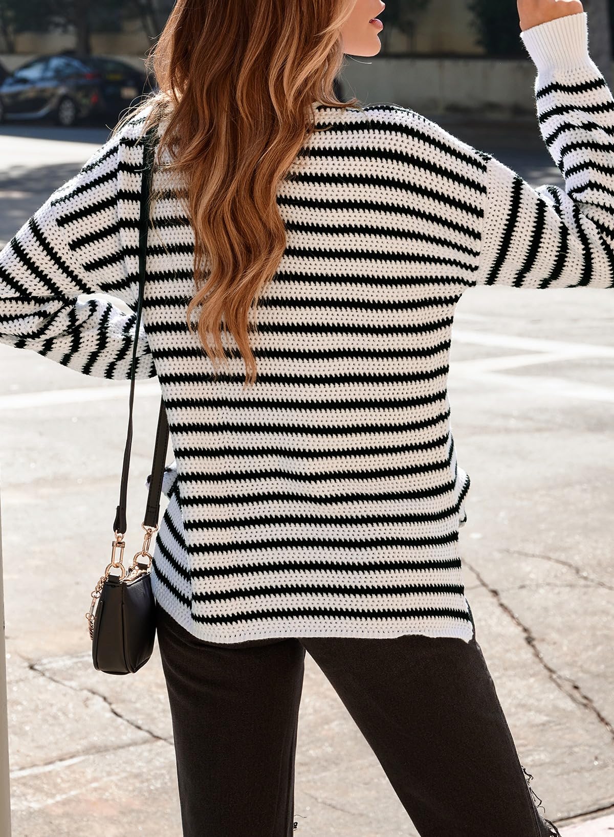 Dokotoo Oversized Crewneck Sweaters for Women 2024 Fall Winter Fashion Color Block Long Sleeve Striped Side Split Sweater Casual Comfy Chunky Knit Pullover Sweaters Tops White Large