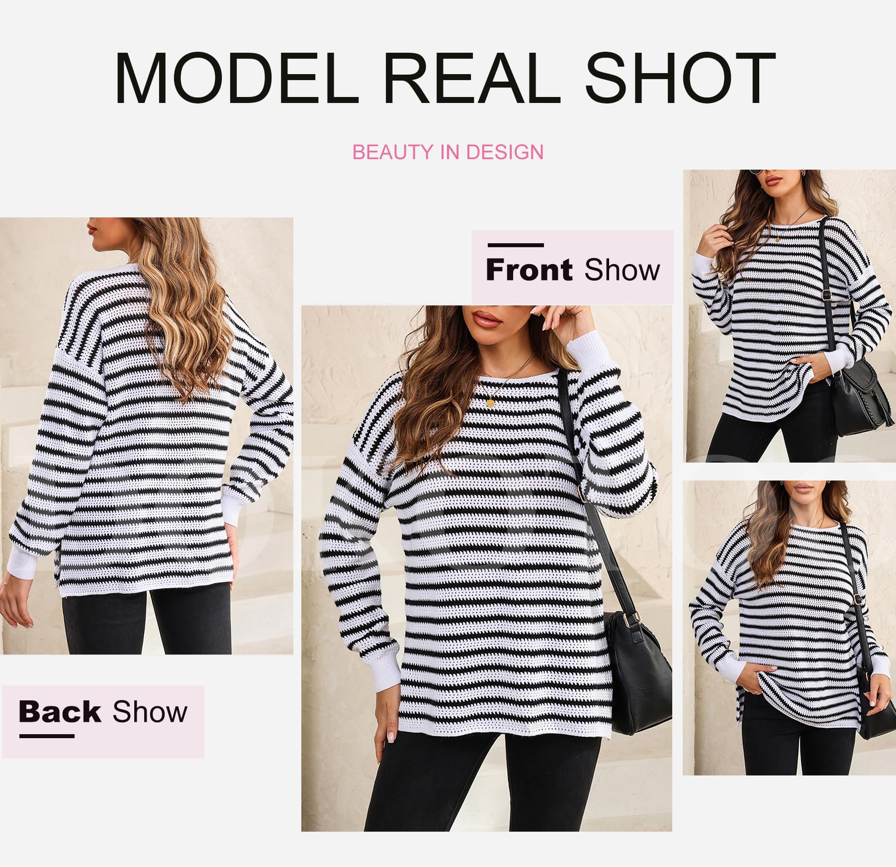 Dokotoo Oversized Crewneck Sweaters for Women 2024 Fall Winter Fashion Color Block Long Sleeve Striped Side Split Sweater Casual Comfy Chunky Knit Pullover Sweaters Tops White Large