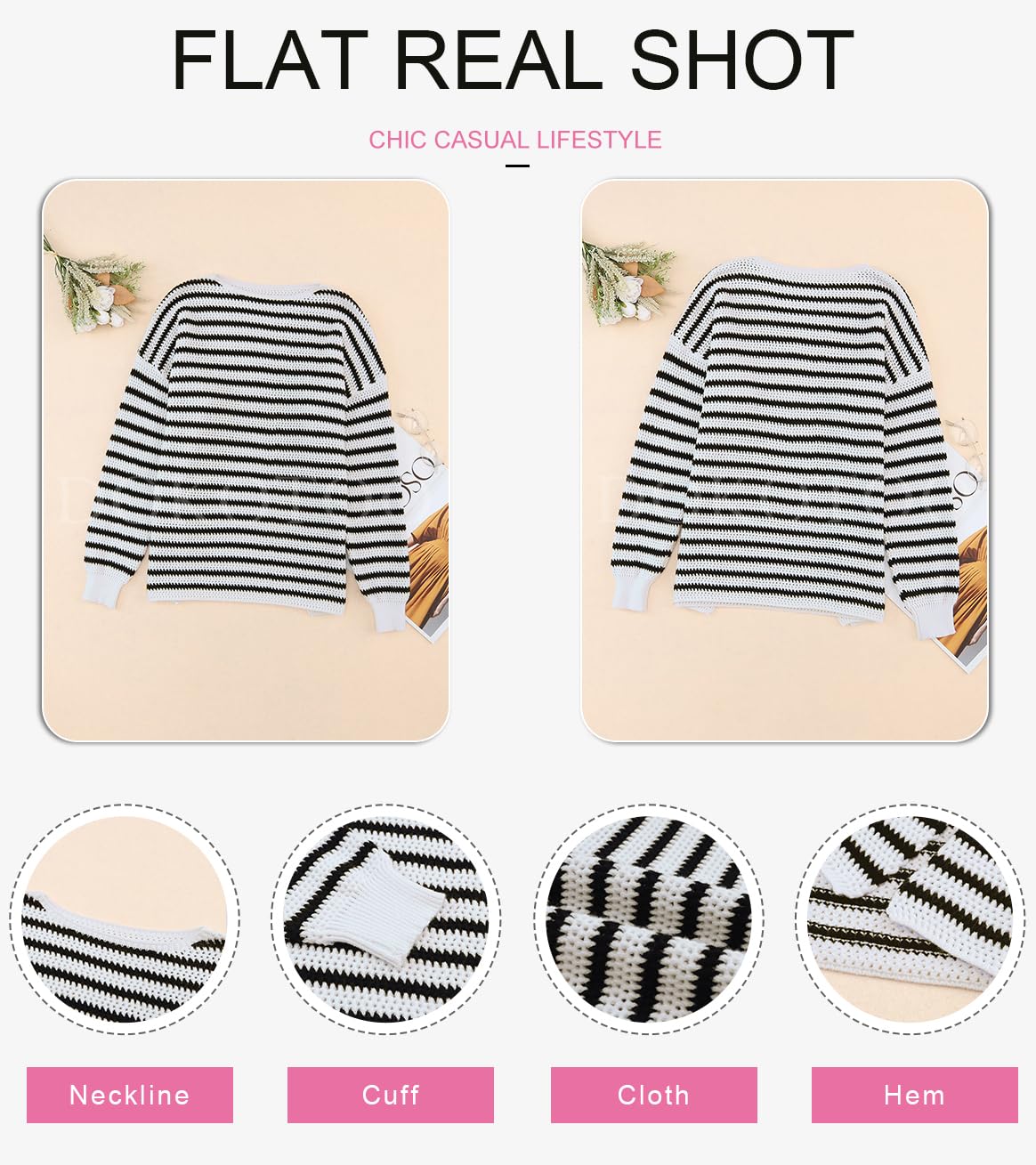 Dokotoo Oversized Crewneck Sweaters for Women 2024 Fall Winter Fashion Color Block Long Sleeve Striped Side Split Sweater Casual Comfy Chunky Knit Pullover Sweaters Tops White Large
