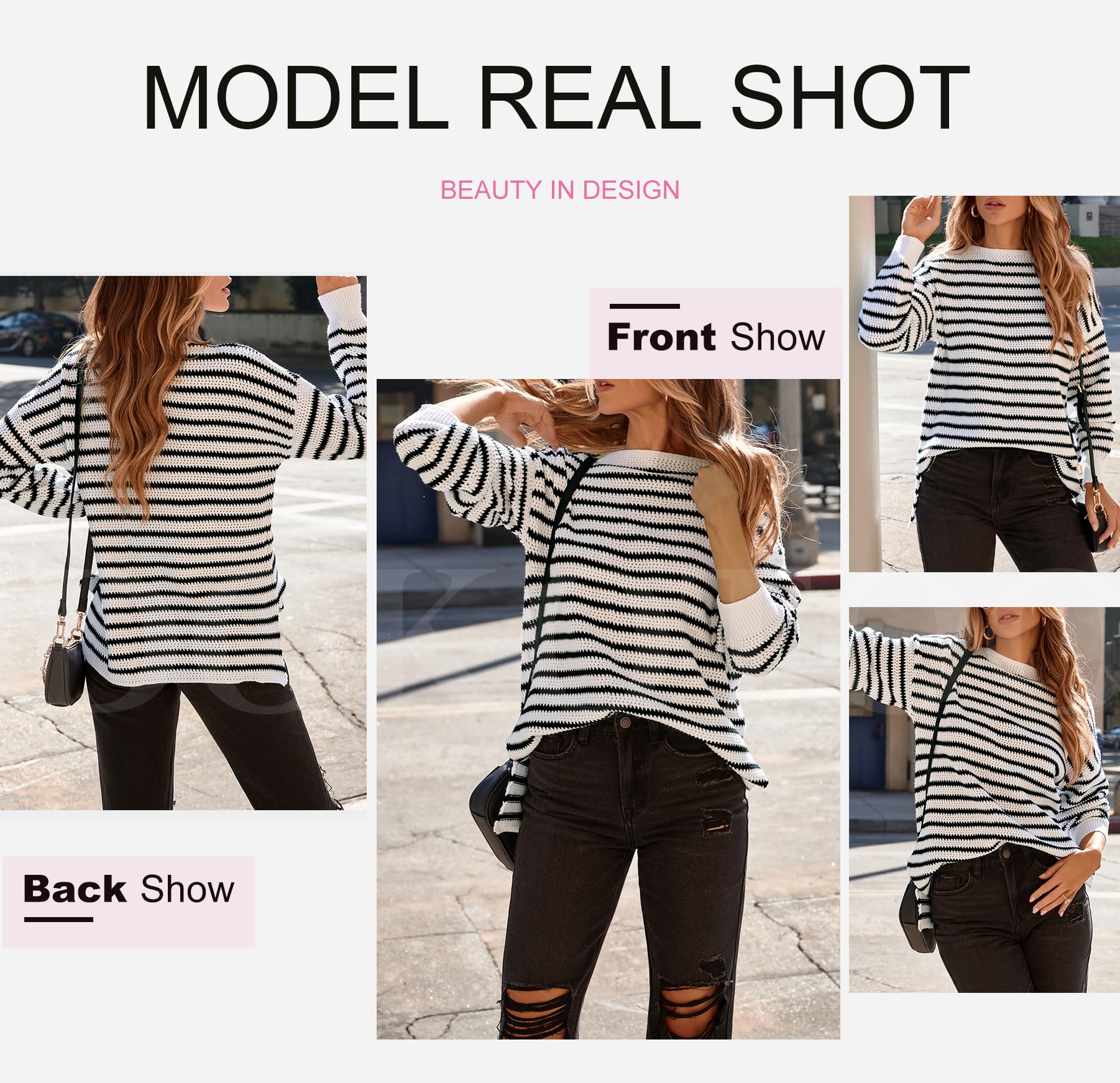 Dokotoo Oversized Crewneck Sweaters for Women 2024 Fall Winter Fashion Color Block Long Sleeve Striped Side Split Sweater Casual Comfy Chunky Knit Pullover Sweaters Tops White Large