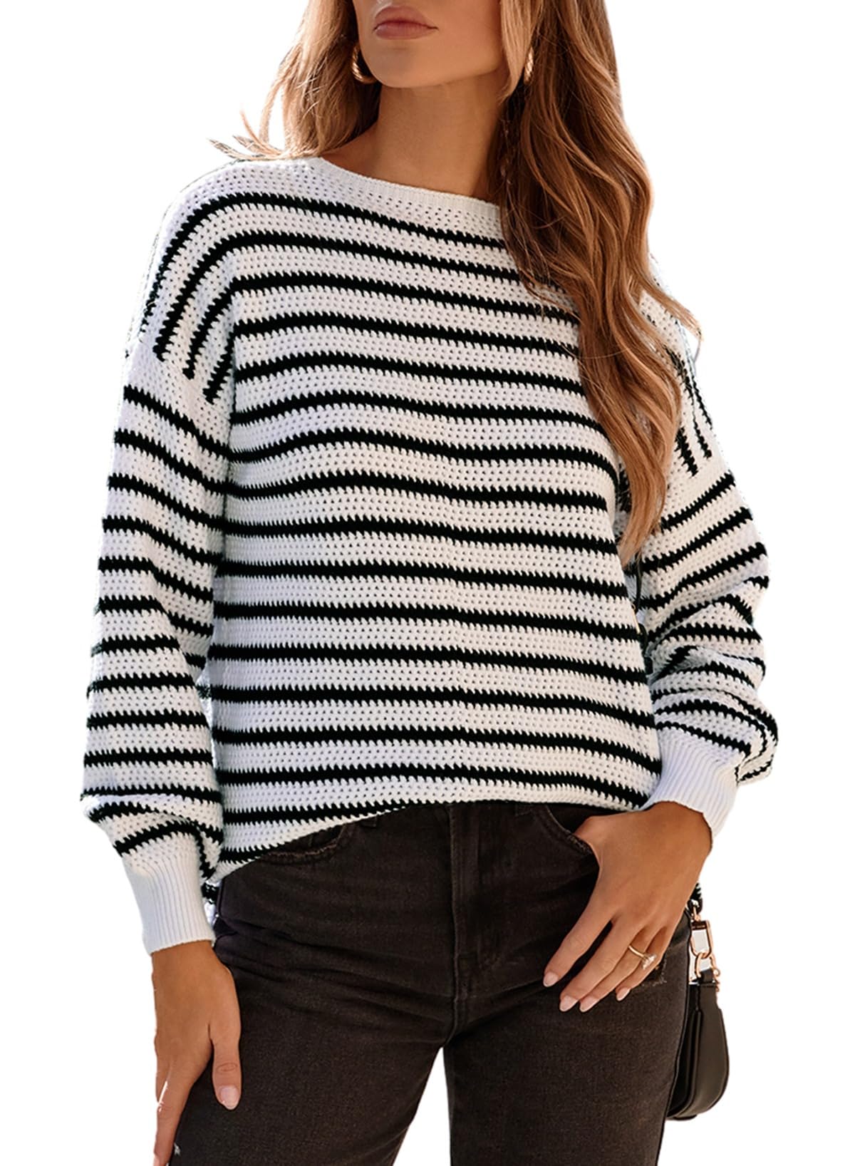 Dokotoo Oversized Crewneck Sweaters for Women 2024 Fall Winter Fashion Color Block Long Sleeve Striped Side Split Sweater Casual Comfy Chunky Knit Pullover Sweaters Tops White Large