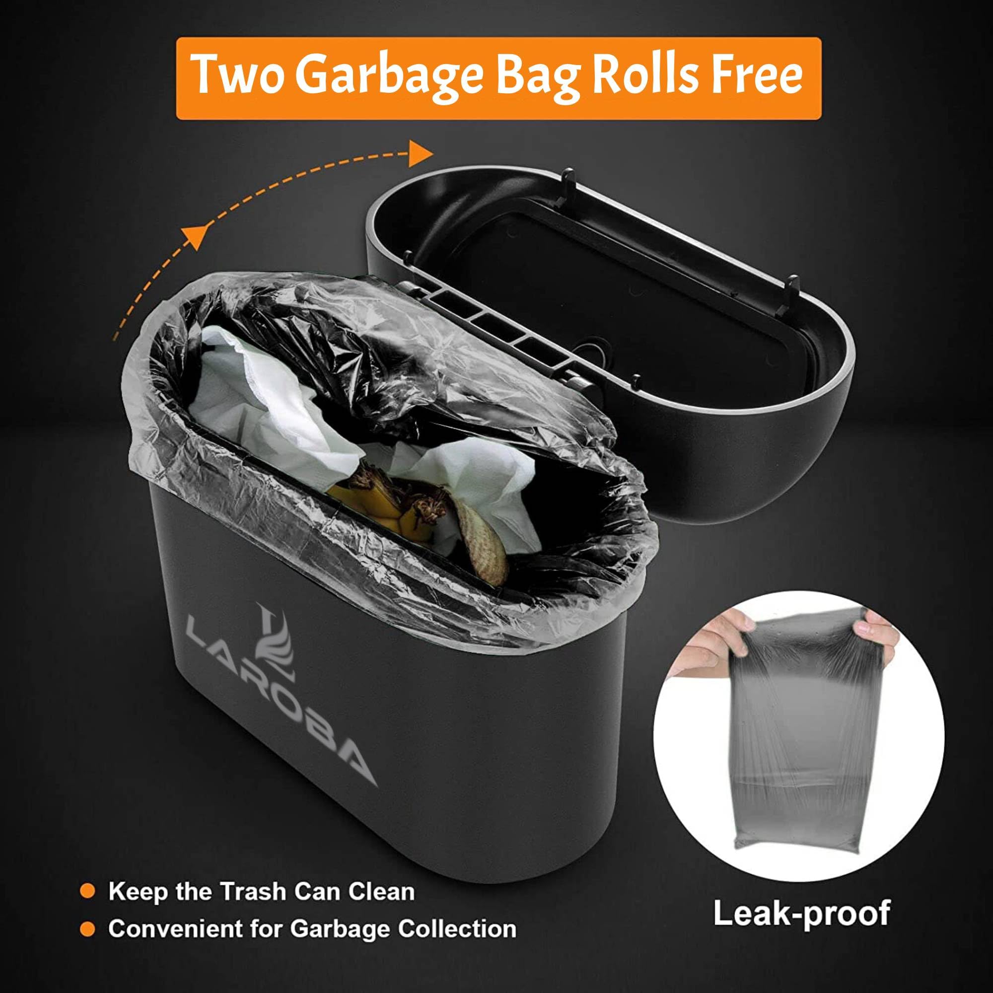 Laroba Car Trash Can with Lid - Mini Auto Dustbin Garbage Organizer | Two Roll Plastic Trash Bags | Automotive Garbage Container Bin for Vehicle, Home, Office
