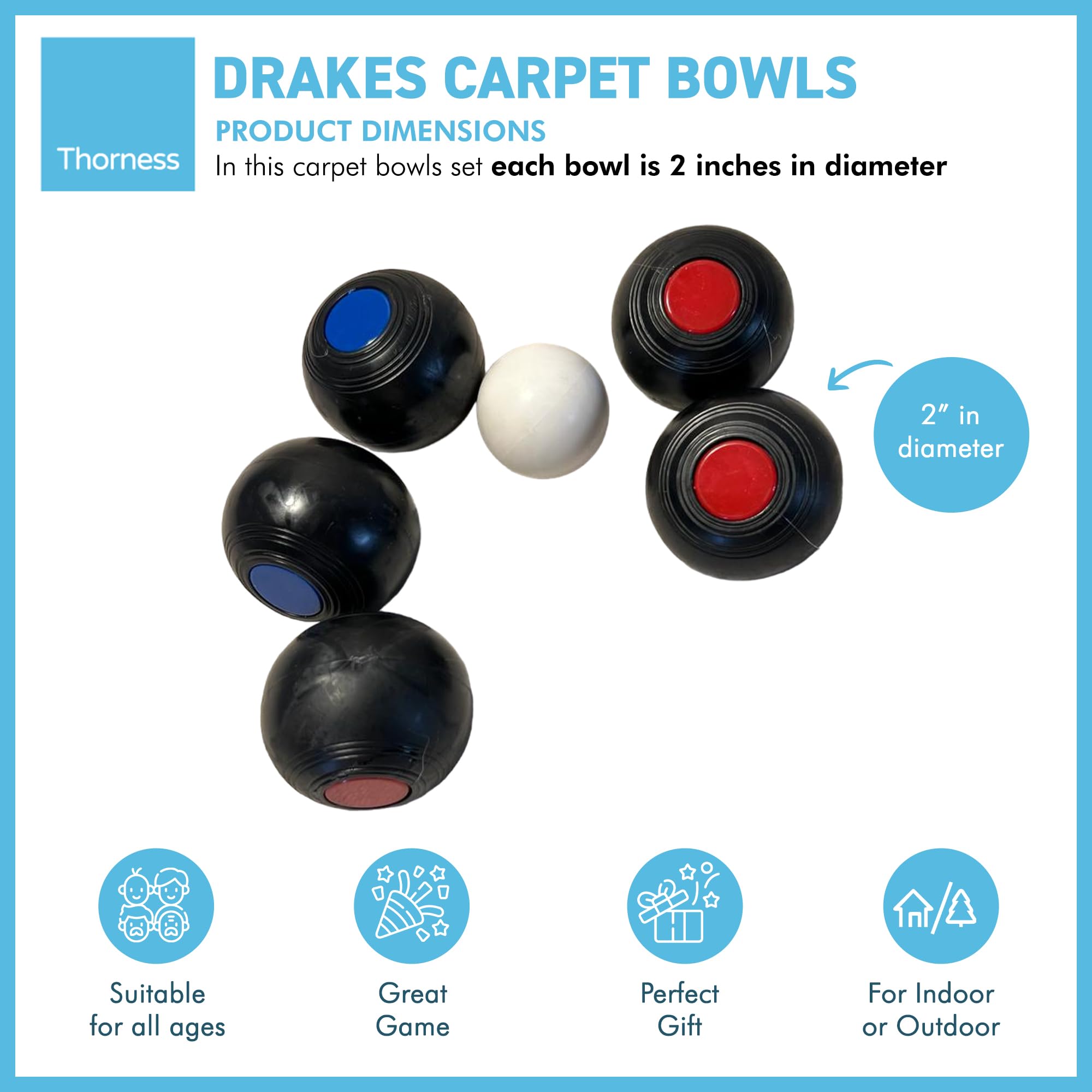 Thorness DRAKES CARPET BOWLS | Indoor bowls set | Bowls game for adults and children | CARPET BOWLS GIFT | French boules set | Each bowl is 2 inches in diameter.