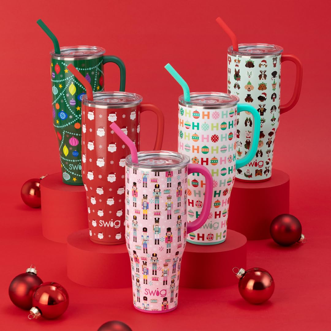 Swig Life 40oz Mega Mug, 40 oz Tumbler with Handle and Straw, Cup Holder Friendly, Dishwasher Safe, Extra Large Insulated Tumbler, Stainless Steel (O Christmas Tree)