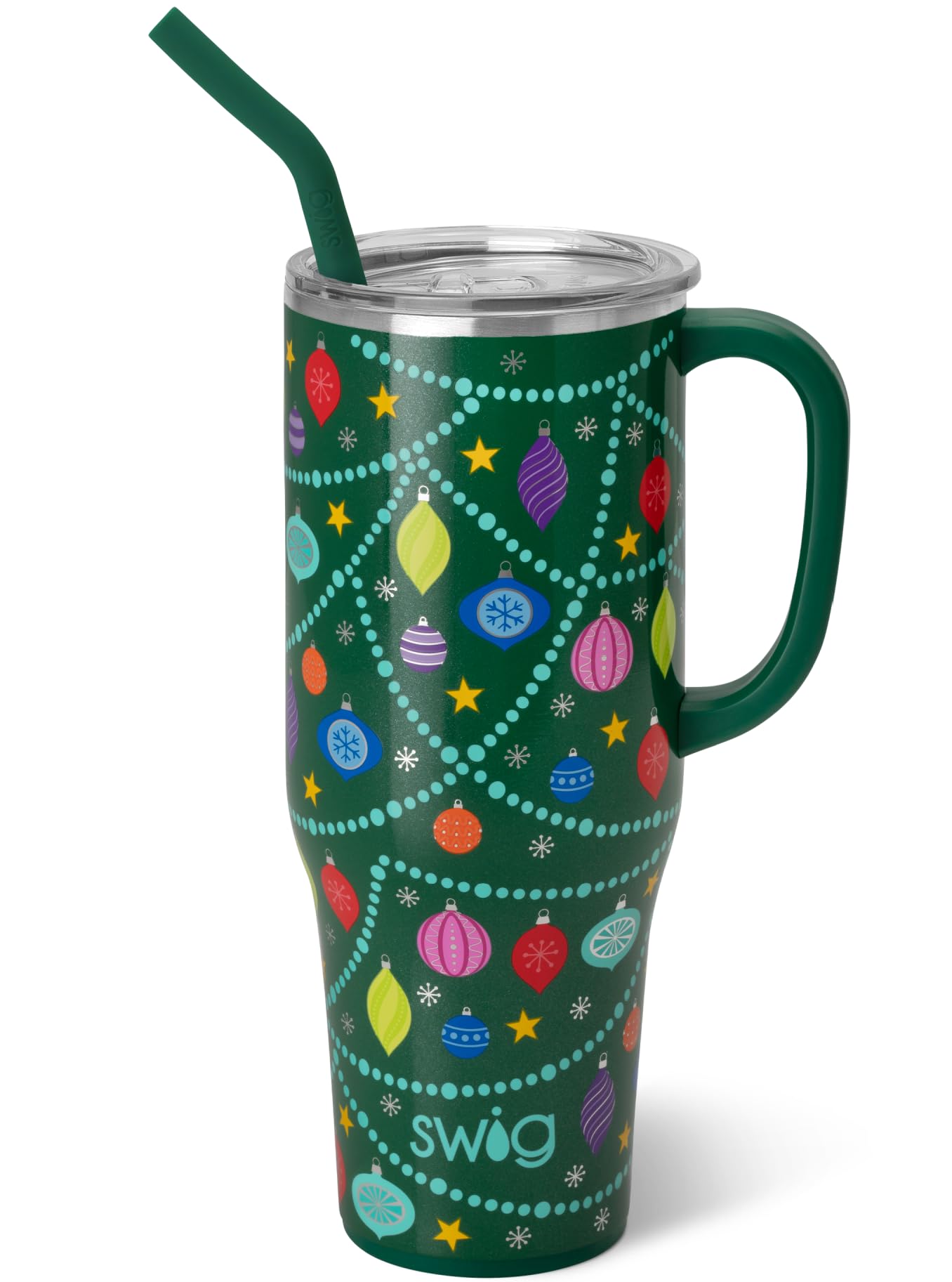 Swig Life 40oz Mega Mug, 40 oz Tumbler with Handle and Straw, Cup Holder Friendly, Dishwasher Safe, Extra Large Insulated Tumbler, Stainless Steel (O Christmas Tree)