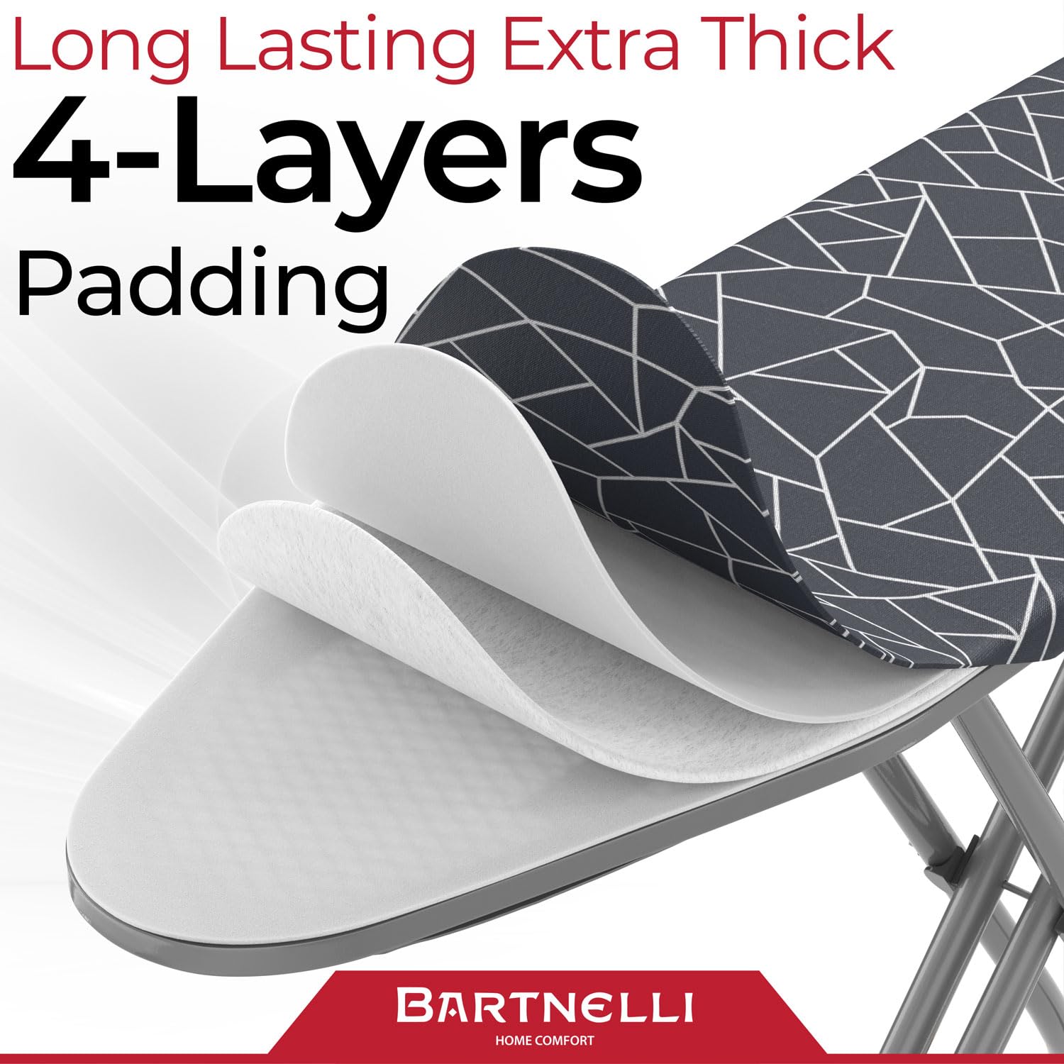 Bartnelli Ironing Board | Space-Saving and Ultimate Iron Board Experience 13x43 | Reinforced Steel Legs, Adjustable Height, 4-Layer Padding, Patent Folding System (BIBT-2110)