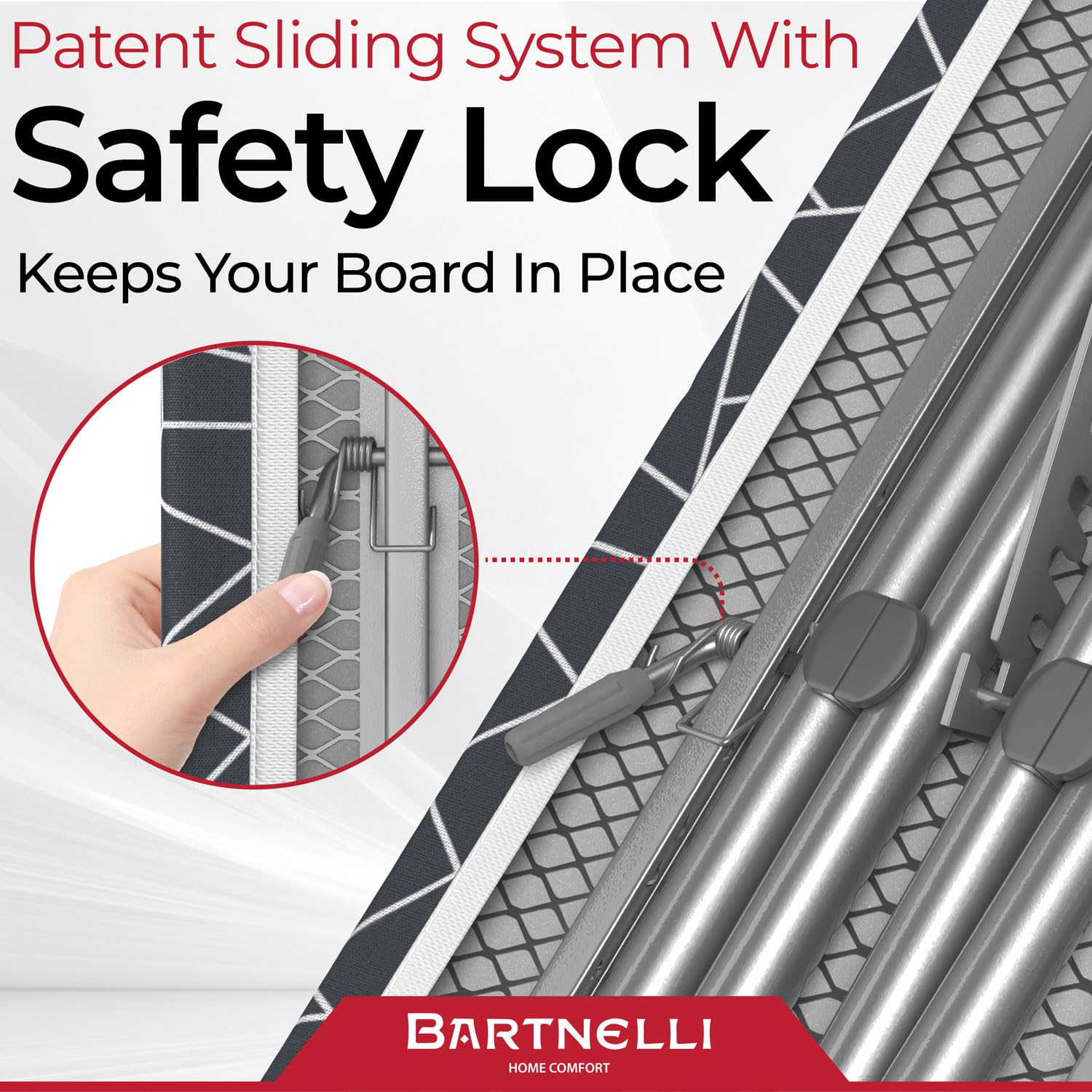 Bartnelli Ironing Board | Space-Saving and Ultimate Iron Board Experience 13x43 | Reinforced Steel Legs, Adjustable Height, 4-Layer Padding, Patent Folding System (BIBT-2110)