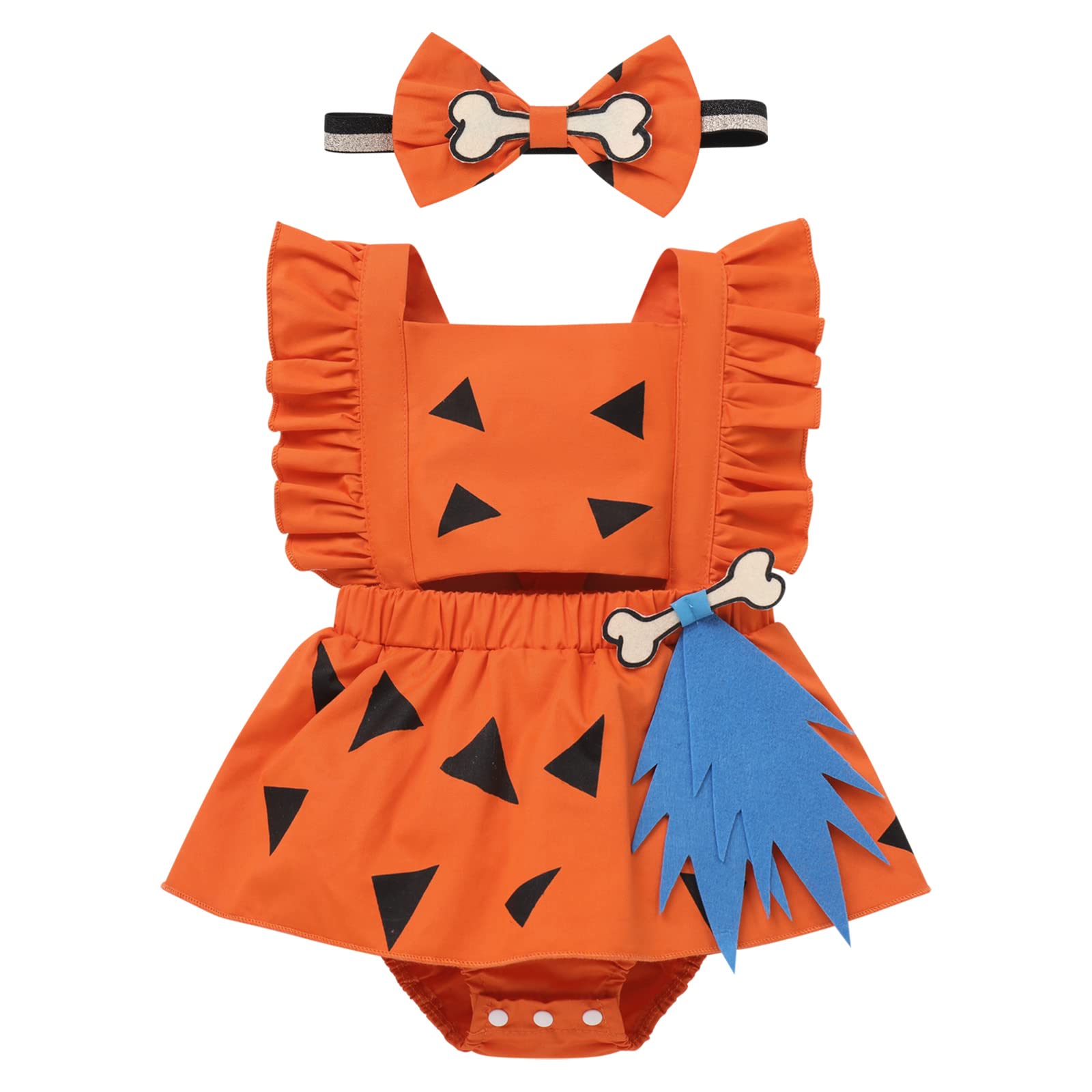 IBAKOM Baby Girl Romper Dress Toddler Cake Smash Outfit First Birthday Outfit Bubble Bodysuit One Piece Cavegirl Easter Clothes Baptism Halloween Christmas Onesie Orange-Dress (2PCS) 18-24 Months