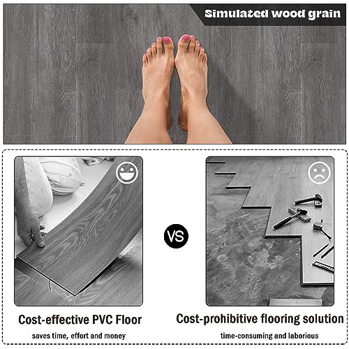 Oxdigi Peel and Stick Floor Tile 36" x 6"x 12 Packs/ 18 Sq.Ft, Thicken Wood Plank Flooring Self-Adhesive Waterproof for Kitchen Living Room RV, Easy DIY Floor Stickers, Smoky Grey