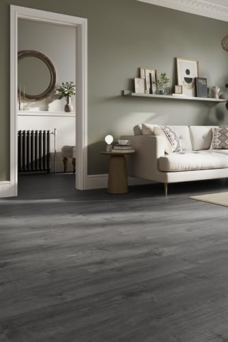 Oxdigi Peel and Stick Floor Tile 36" x 6"x 12 Packs/ 18 Sq.Ft, Thicken Wood Plank Flooring Self-Adhesive Waterproof for Kitchen Living Room RV, Easy DIY Floor Stickers, Smoky Grey