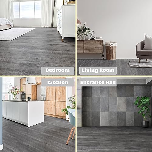 Oxdigi Peel and Stick Floor Tile 36" x 6"x 12 Packs/ 18 Sq.Ft, Thicken Wood Plank Flooring Self-Adhesive Waterproof for Kitchen Living Room RV, Easy DIY Floor Stickers, Smoky Grey