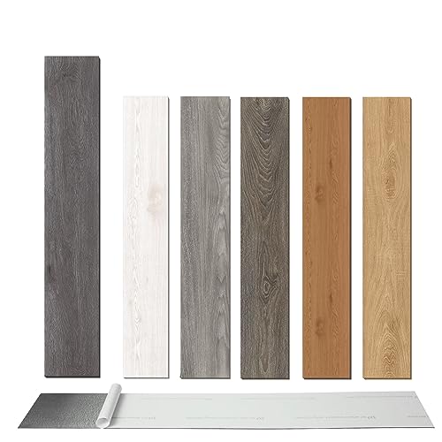 Oxdigi Peel and Stick Floor Tile 36" x 6"x 12 Packs/ 18 Sq.Ft, Thicken Wood Plank Flooring Self-Adhesive Waterproof for Kitchen Living Room RV, Easy DIY Floor Stickers, Smoky Grey