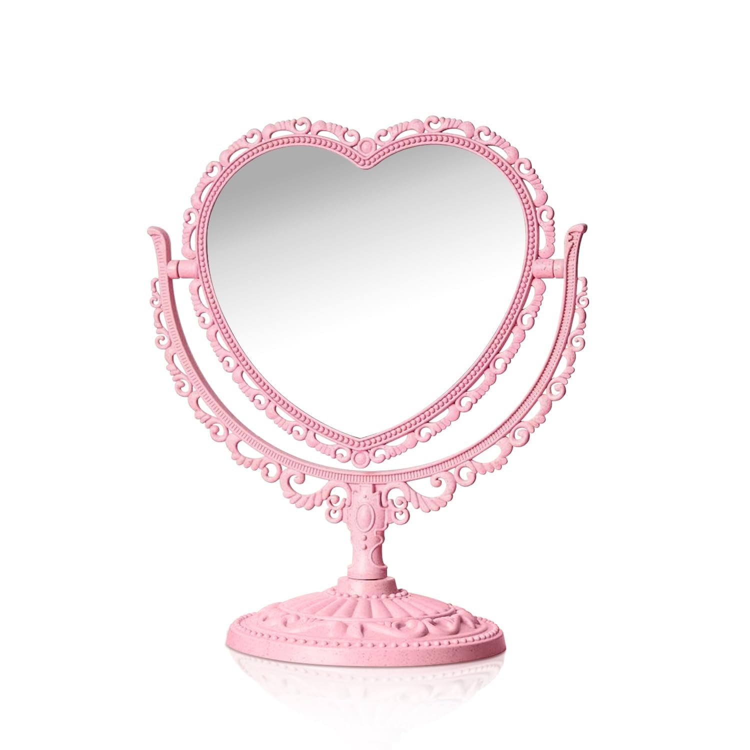 QEEYON Pink Heart Vanity Mirror - 360 Degree Swivel Makeup Double Sided Table Desk Countertop Stand for Dresser Bathroom Bedroom - Aesthetic Cosmetic Mirror for Women Girls