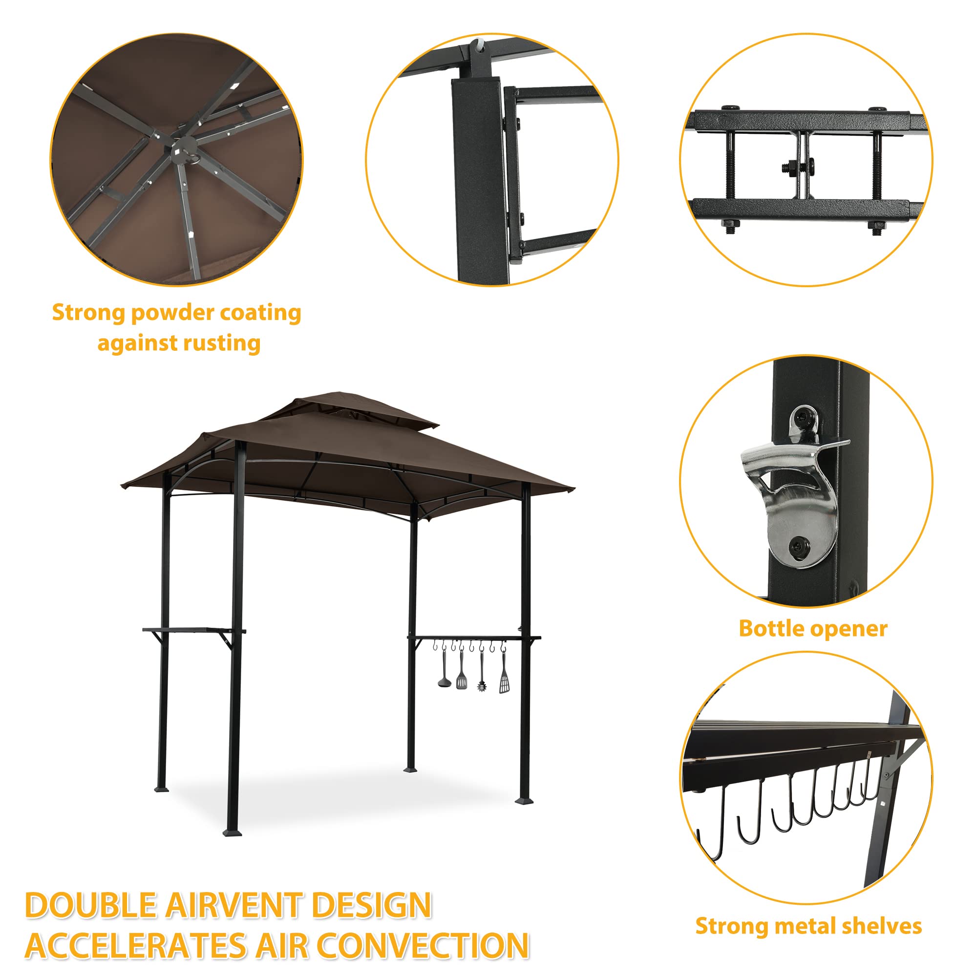 BeiXuan Outdoor BBQ Gazebo 8 x 5 Ft, Grill Gazebo Shelter Tent, Double Tier Soft Top Canopy and Steel Frame with Hook and Bar Counters, Brown