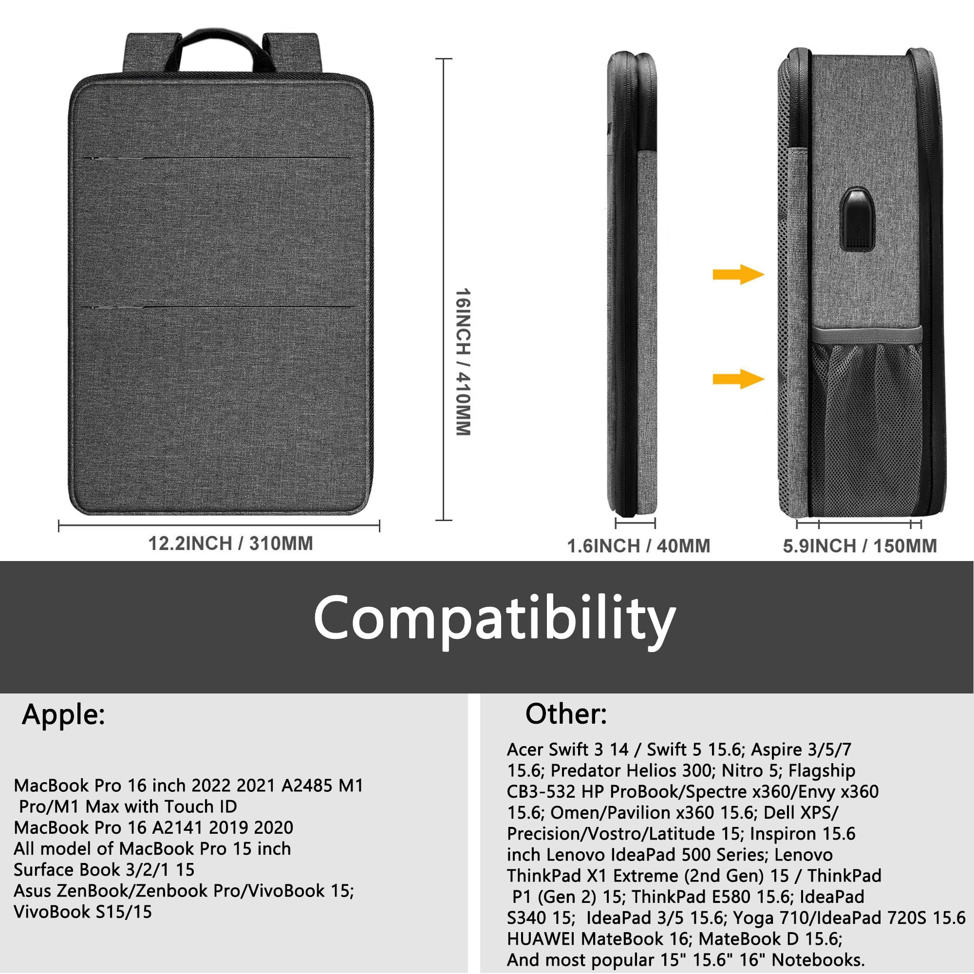 ZINZ Slim & Expandable Laptop Backpack 15 15.6 16 Inch Sleeve with USB Port, Spill-Resistant Notebooks Bag Case for Most 14-16 Inch MacBooks Surface-Books Dell HP Lenovo Asus Computers,G01BK02