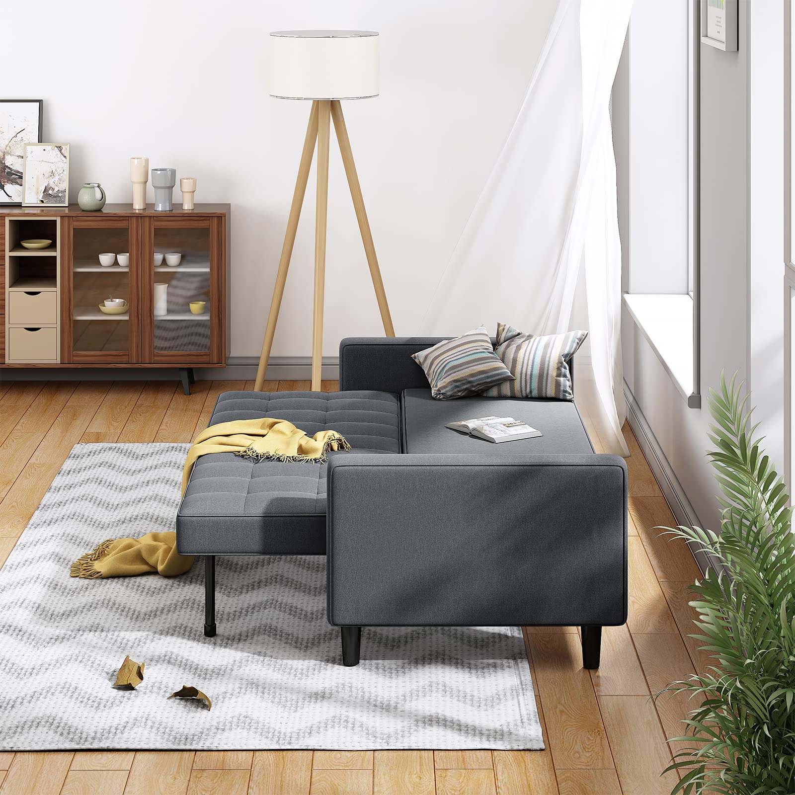 CECER Reversible Sleeper Sofa Bed with Cushion, Modern Pull Out Futon Couch Bed for Living Area, Big 2-in-1 Couch for Apartment, Office, Bedroom, Dark Grey