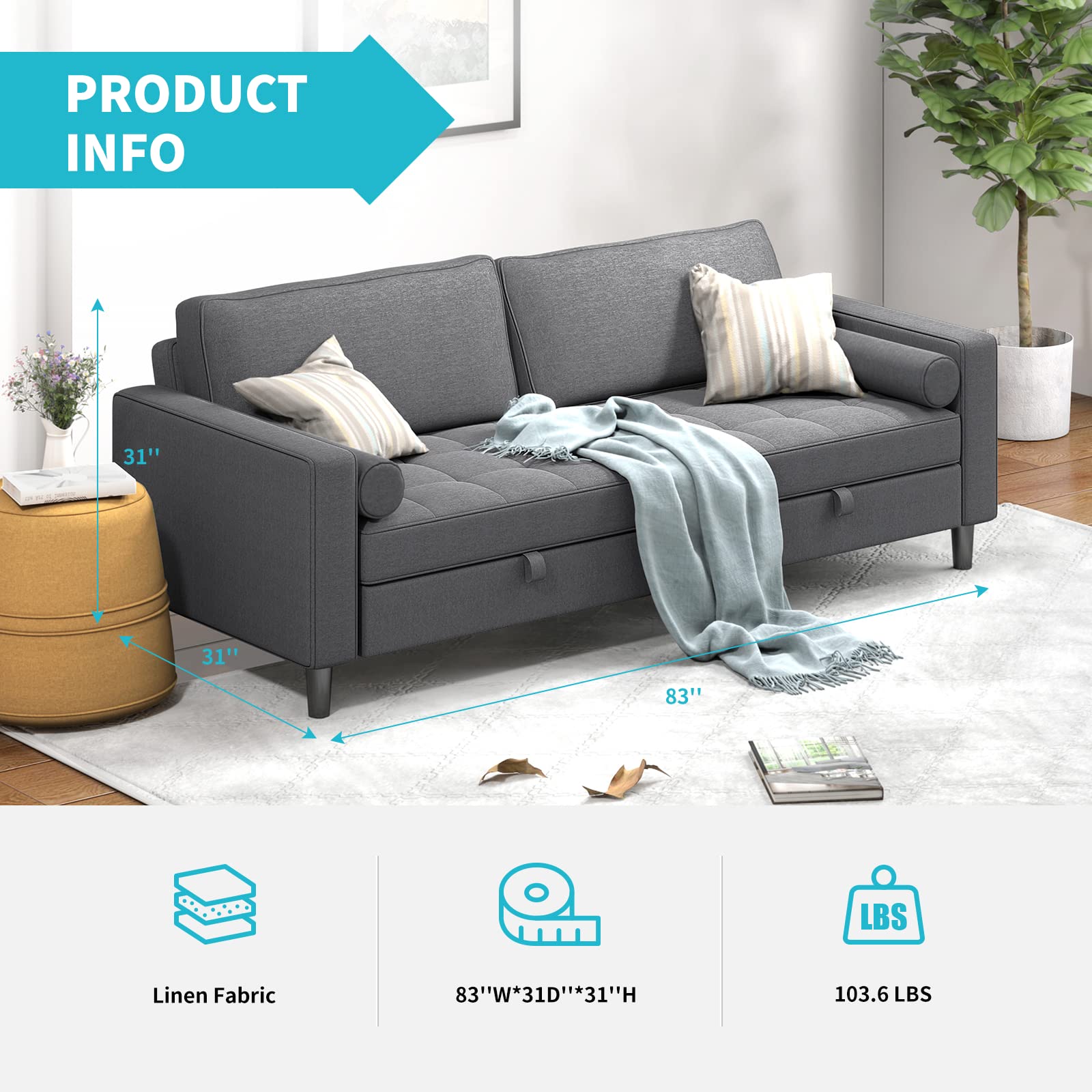 CECER Reversible Sleeper Sofa Bed with Cushion, Modern Pull Out Futon Couch Bed for Living Area, Big 2-in-1 Couch for Apartment, Office, Bedroom, Dark Grey