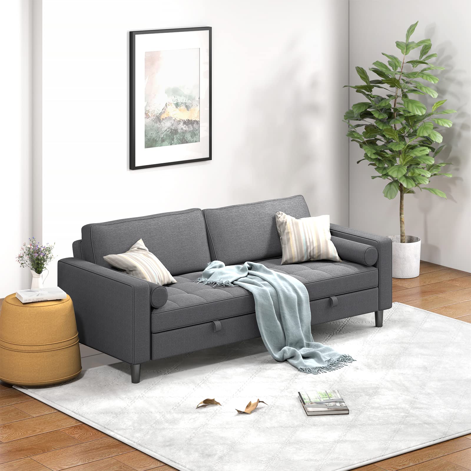CECER Reversible Sleeper Sofa Bed with Cushion, Modern Pull Out Futon Couch Bed for Living Area, Big 2-in-1 Couch for Apartment, Office, Bedroom, Dark Grey