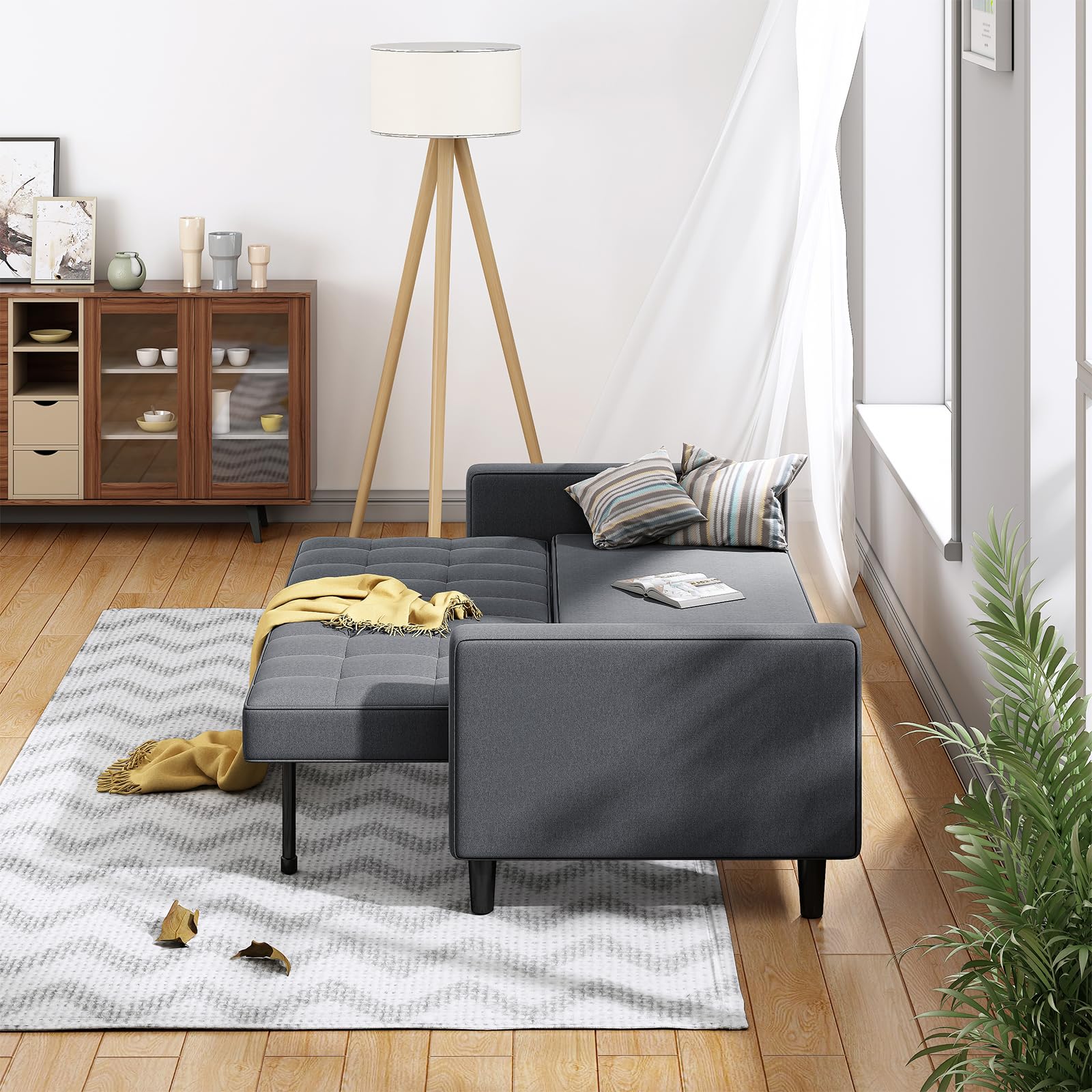 CECER Reversible Sleeper Sofa Bed with Cushion, Modern Pull Out Futon Couch Bed for Living Area, Big 2-in-1 Couch for Apartment, Office, Bedroom, Dark Grey