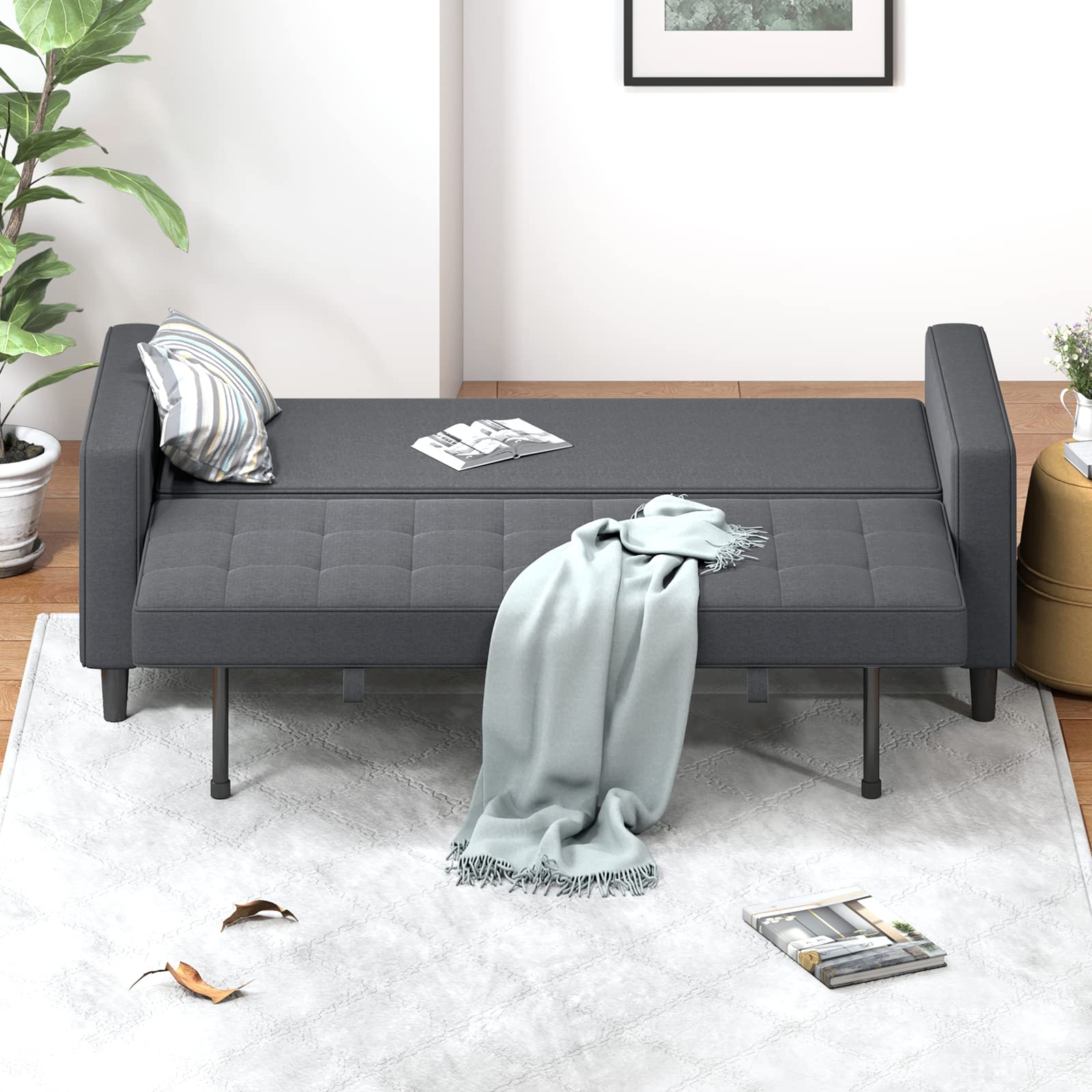 CECER Reversible Sleeper Sofa Bed with Cushion, Modern Pull Out Futon Couch Bed for Living Area, Big 2-in-1 Couch for Apartment, Office, Bedroom, Dark Grey