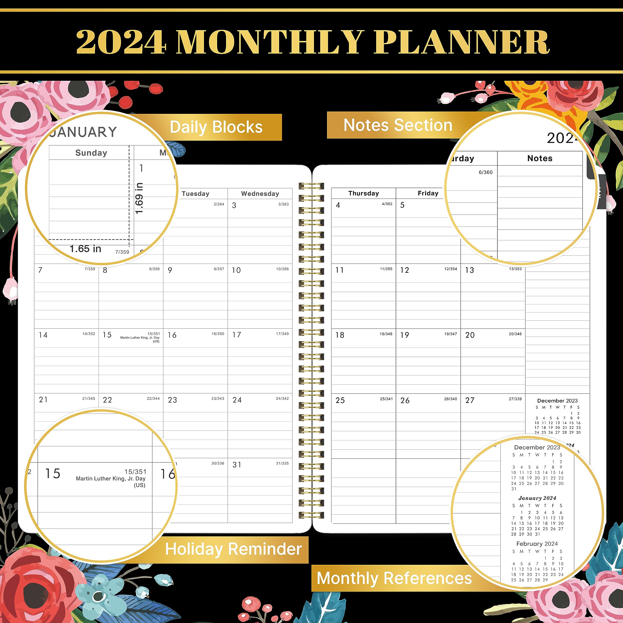 2024 Planner - Planner 2024 Weekly and Monthly, Jan. 2024 - Dec. 2024, 2024 Planner 8" x 10", 2024 Calendar Monthly Planner with Premium Thick Paper, Twin-Wire Binding, 12 Printed Tabs, Large Blocks,
