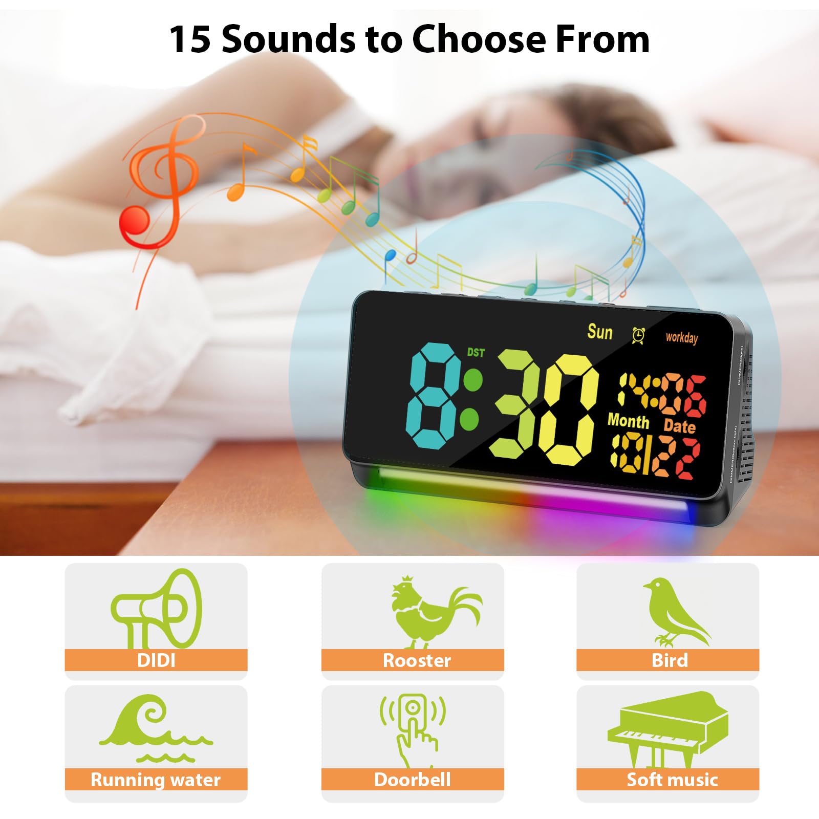120db Super Loud Alarm Clocks for Heavy Sleepers adults , 15 Wake Up Sounds Alarm Clock for Heavy sleepers , 7 Color Night Light, Dynamic RGB Color , 0-100% Dimmer, Snooze, DST , Large LED Display
