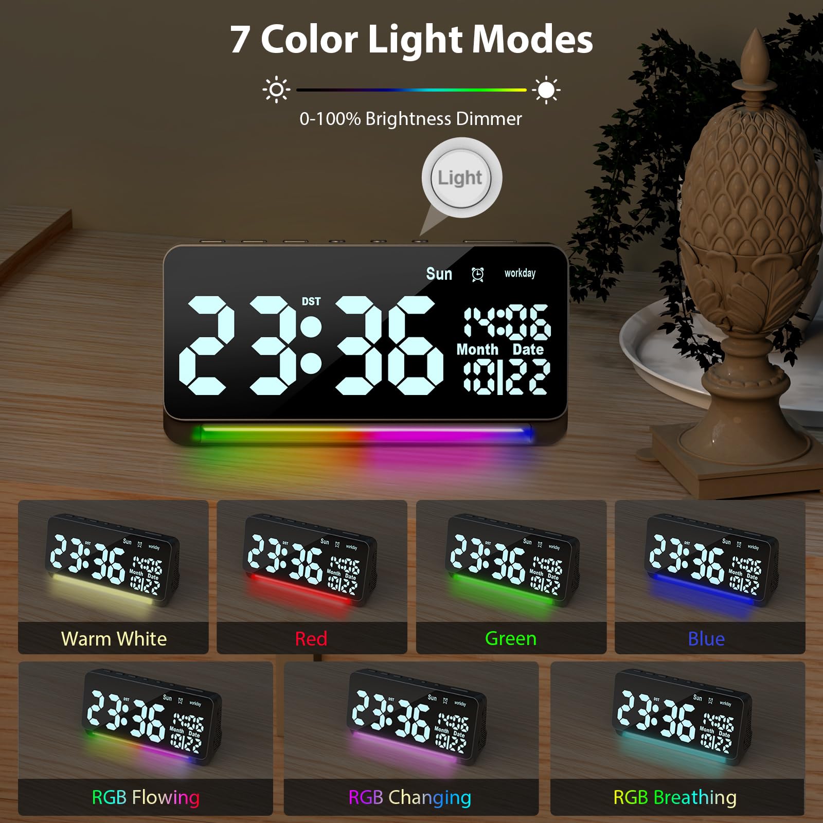120db Super Loud Alarm Clocks for Heavy Sleepers adults , 15 Wake Up Sounds Alarm Clock for Heavy sleepers , 7 Color Night Light, Dynamic RGB Color , 0-100% Dimmer, Snooze, DST , Large LED Display