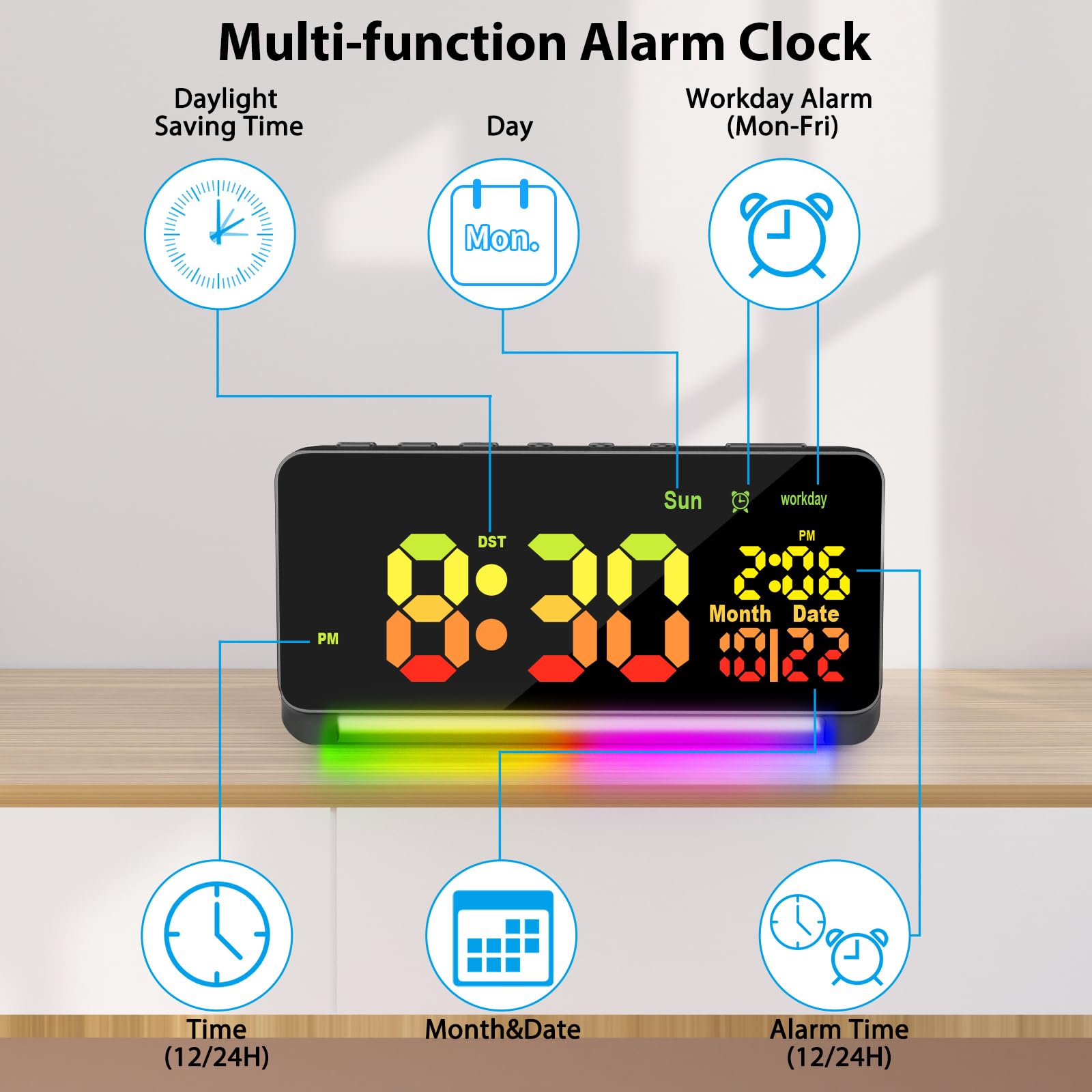 120db Super Loud Alarm Clocks for Heavy Sleepers adults , 15 Wake Up Sounds Alarm Clock for Heavy sleepers , 7 Color Night Light, Dynamic RGB Color , 0-100% Dimmer, Snooze, DST , Large LED Display
