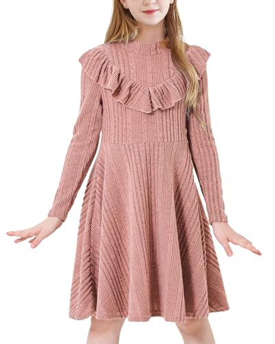YOURUIKEY Girls Winter Dress Half High Neck Long Sleeve Girl Beige Pink Dresses Teen Girl Clothes Size 7 8 Ruffle Fall Outfit