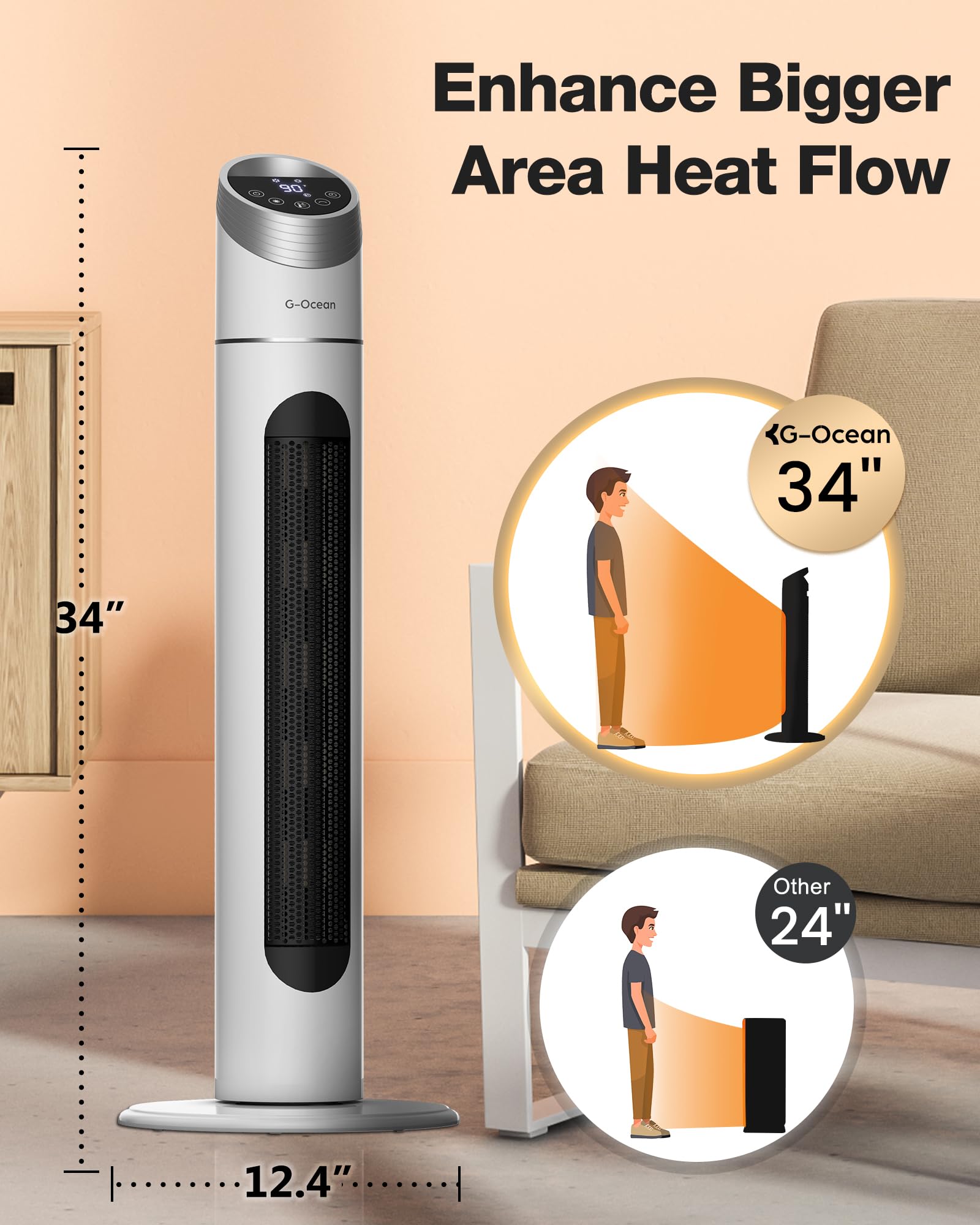 Space Heater for Large Room, 34" Tower Heater with Remote, 1500W Space Heater with 12H Timer, 70° Oscillating, Adjustable Thermostat, Overheating & Tip-over Protection for Garage, Home Indoor Use