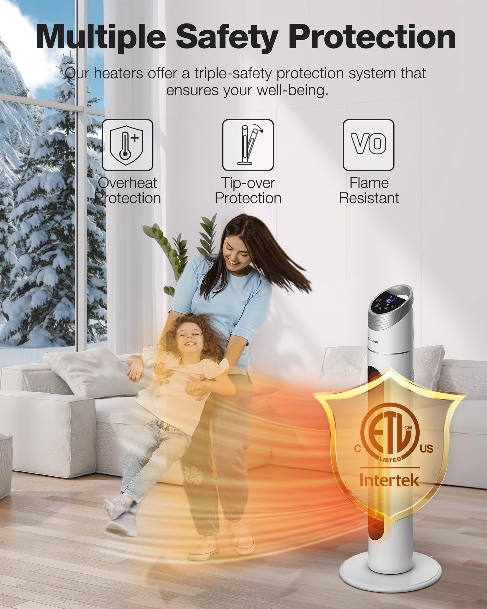 Space Heater for Large Room, 34" Tower Heater with Remote, 1500W Space Heater with 12H Timer, 70° Oscillating, Adjustable Thermostat, Overheating & Tip-over Protection for Garage, Home Indoor Use