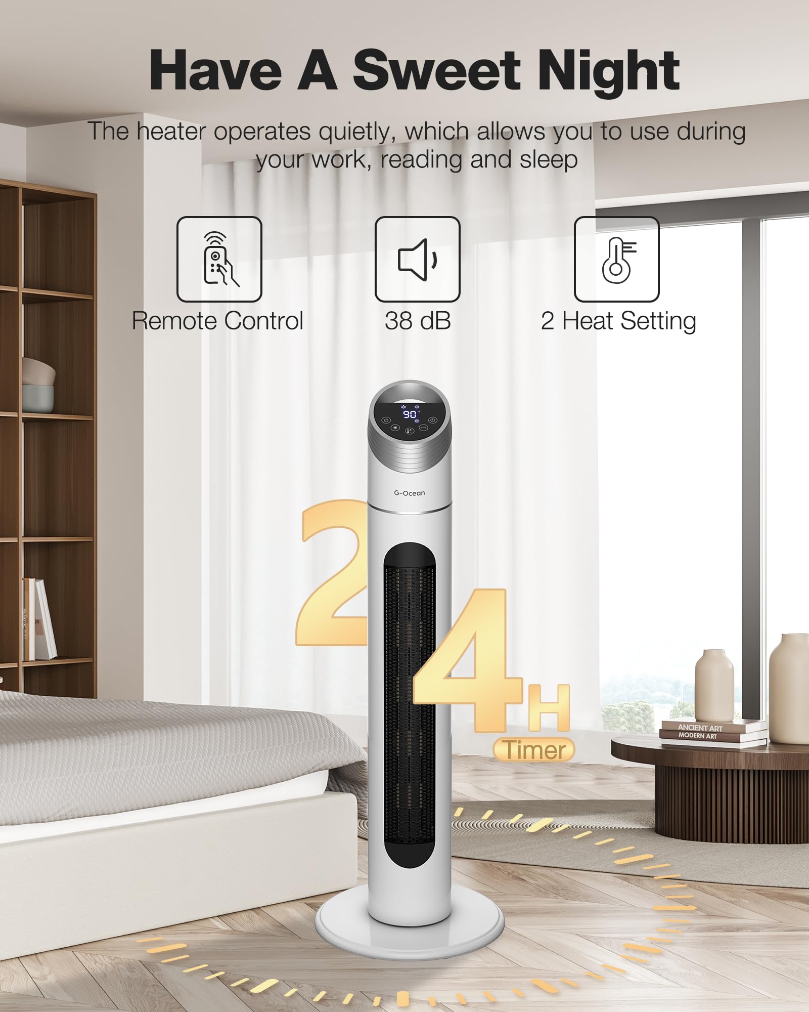 Space Heater for Large Room, 34" Tower Heater with Remote, 1500W Space Heater with 12H Timer, 70° Oscillating, Adjustable Thermostat, Overheating & Tip-over Protection for Garage, Home Indoor Use