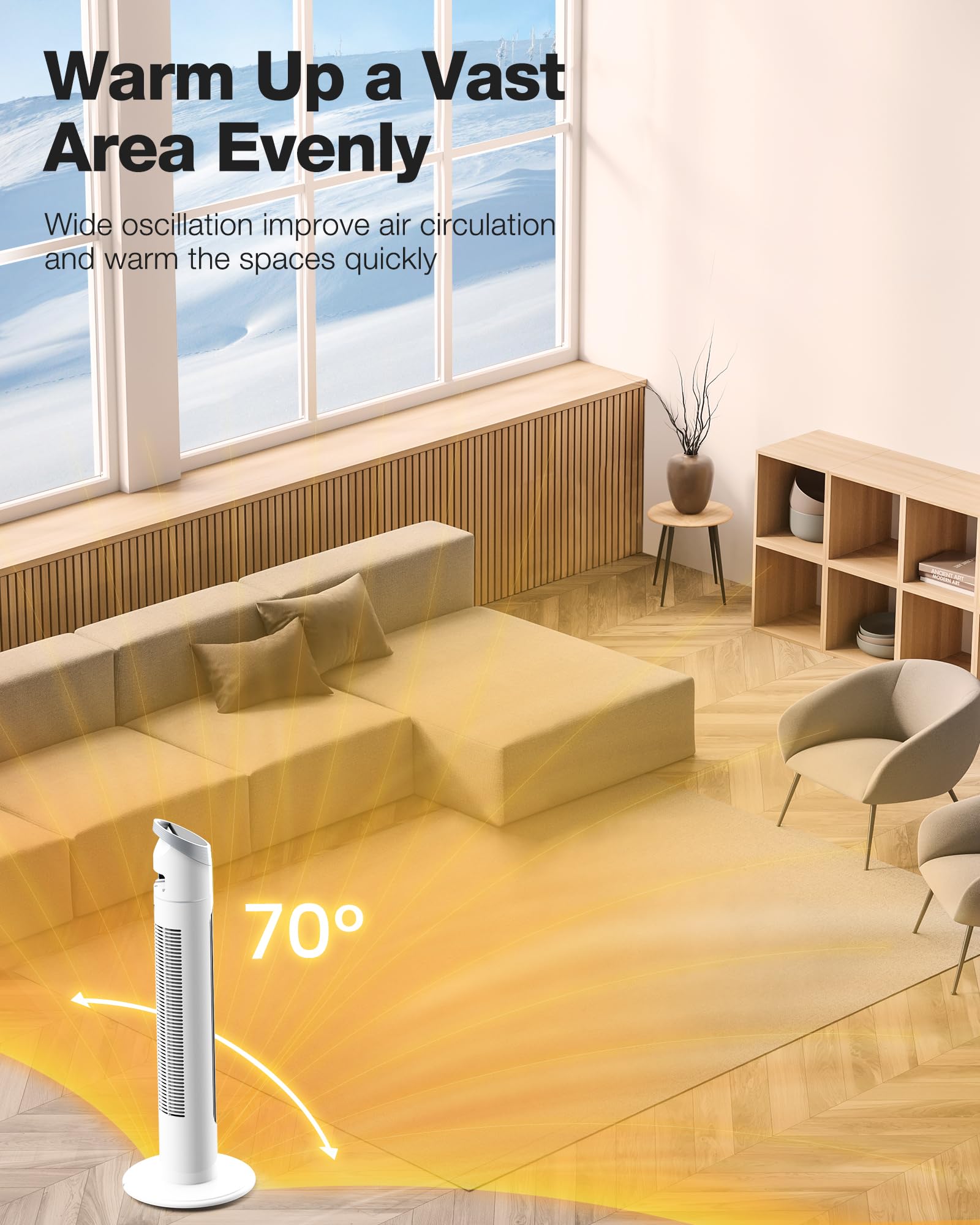 Space Heater for Large Room, 34" Tower Heater with Remote, 1500W Space Heater with 12H Timer, 70° Oscillating, Adjustable Thermostat, Overheating & Tip-over Protection for Garage, Home Indoor Use