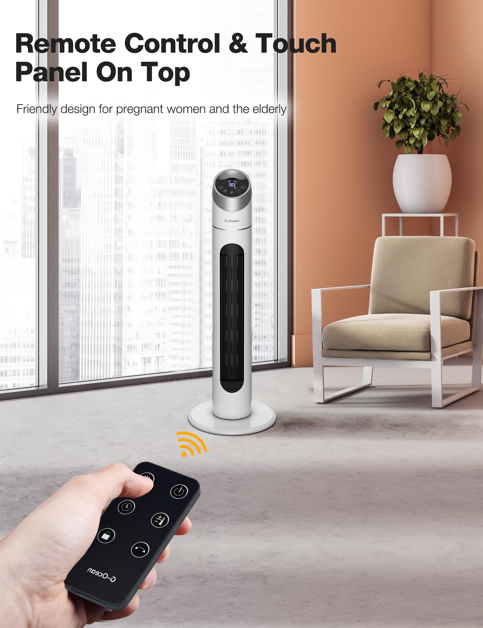 Space Heater for Large Room, 34" Tower Heater with Remote, 1500W Space Heater with 12H Timer, 70° Oscillating, Adjustable Thermostat, Overheating & Tip-over Protection for Garage, Home Indoor Use
